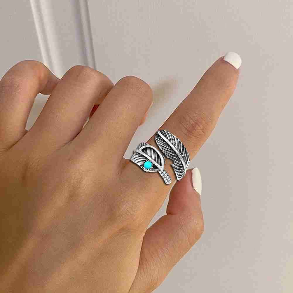 weeee Stainless Steel Feather Turquoise Ring Feather Boho Wide Nature Ring Adjustable Silver Turquoise Feather Ring for Women Men