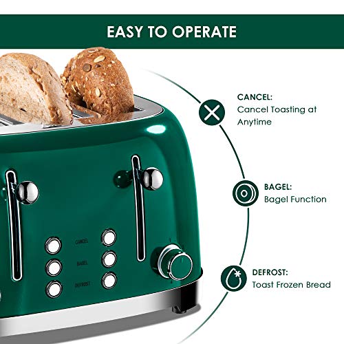 REDMOND 4 Slice Toaster Retro Stainless Steel Toasters with Bagel Defrost Cancel Function, 6 Browning Settings, Green, ST033