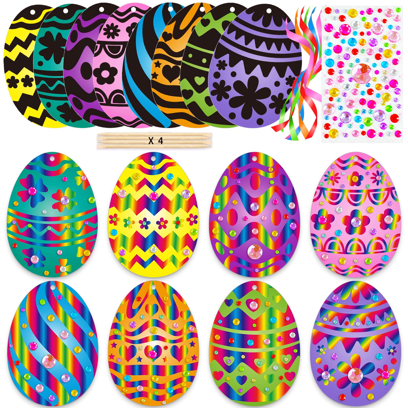 YOKSAS 8 Pcs Easter Eggs Rainbow Scratch Paper Art Set,Easter Crafts for Kids Ornaments Decorations