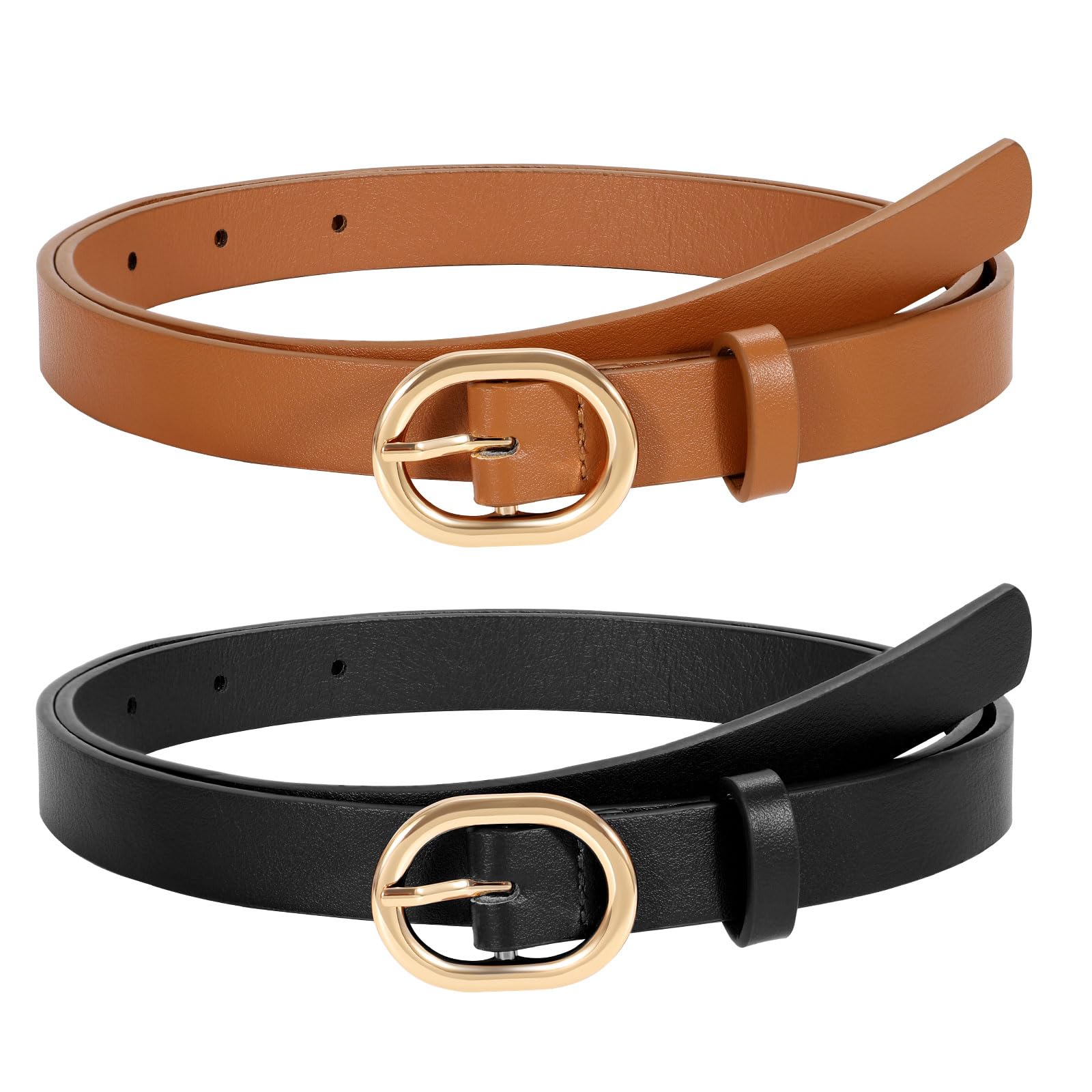 WERFORU 2 Pack Women's Skinny PU Leather Belt with Gold Buckle Ladies Thin Leather Leather Plus Size Waist Belt for Jeans Dress ļ¼Black+Brown,Fit Waist Size 31-36 Inches