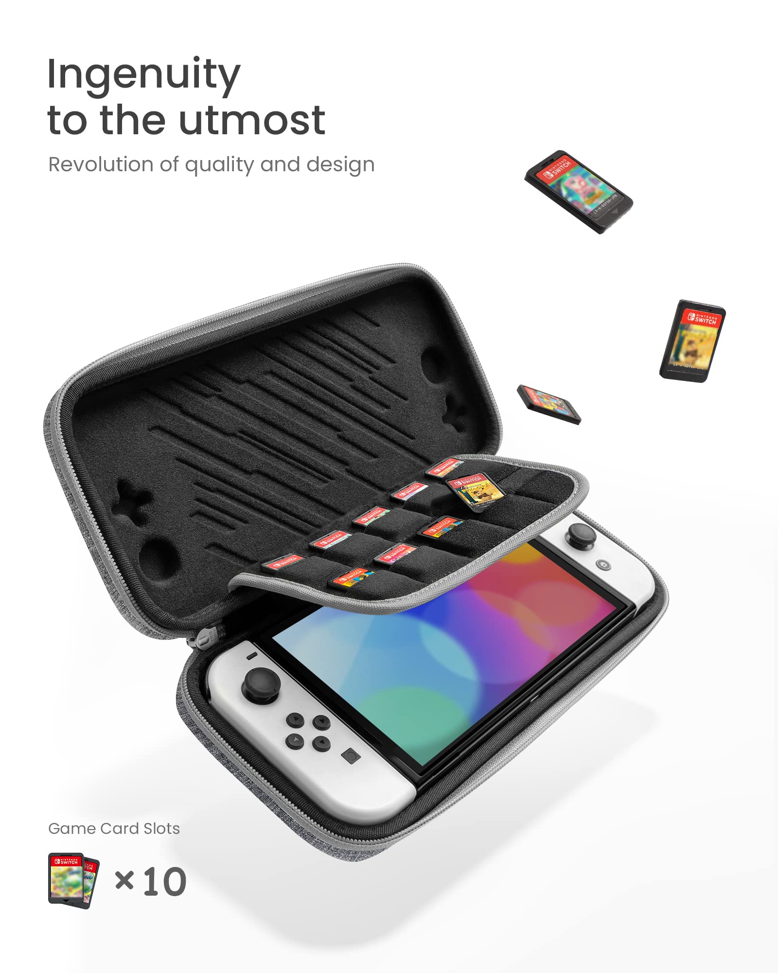tomtoc Slim Carrying Case for Nintendo Switch / OLED Model, Protective Switch Sleeve with 10 Game Cartridges, Hard Portable Travel Carry Case, with Original Patent and Military Grade Protection, Gray