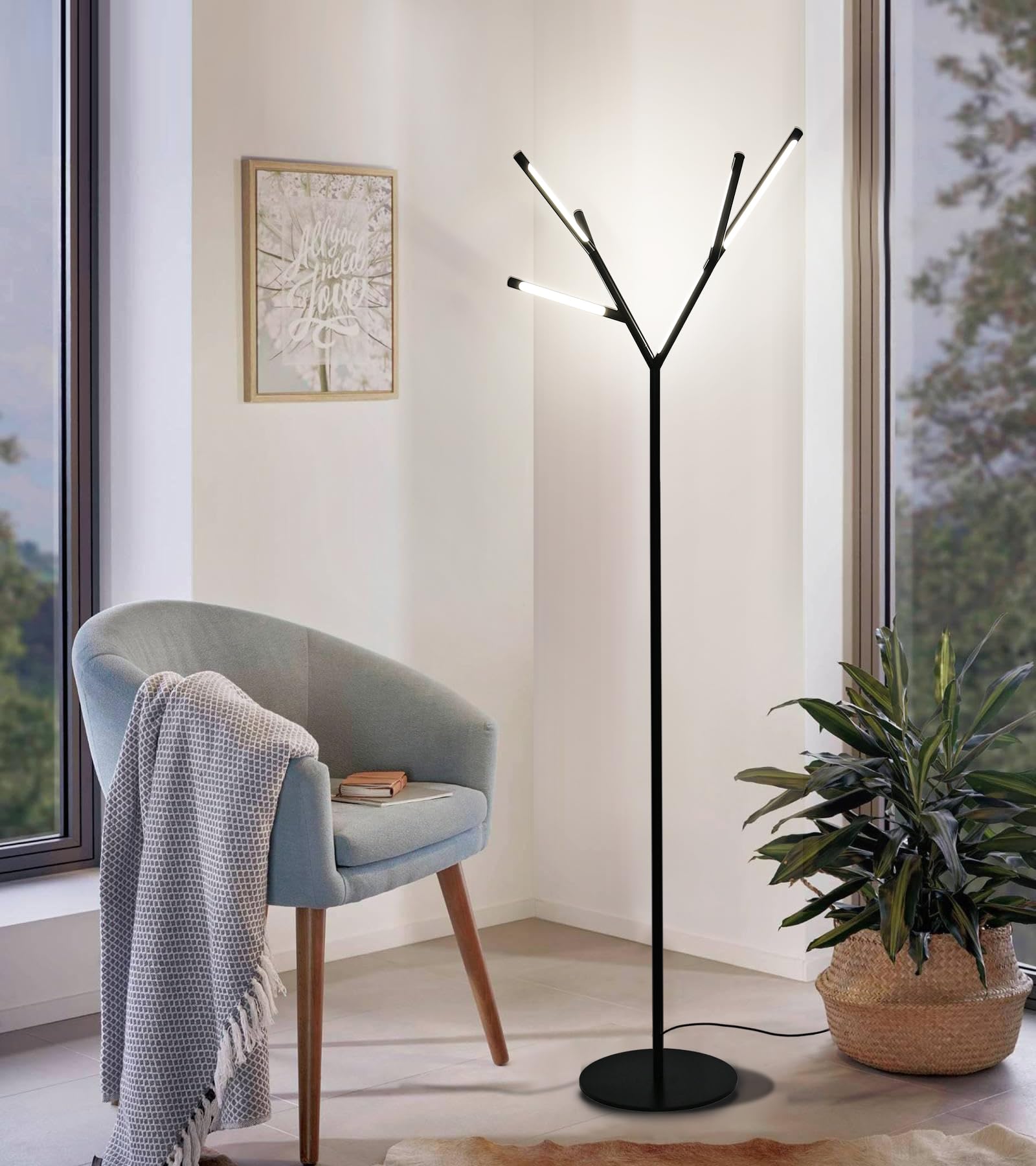 Q&S Led Floor Lamp,Black Modern Industrial Contemporary Corner Floor Lamp Tall Tree Bright Reading Standing Lighting for Bedroom Living Room Office