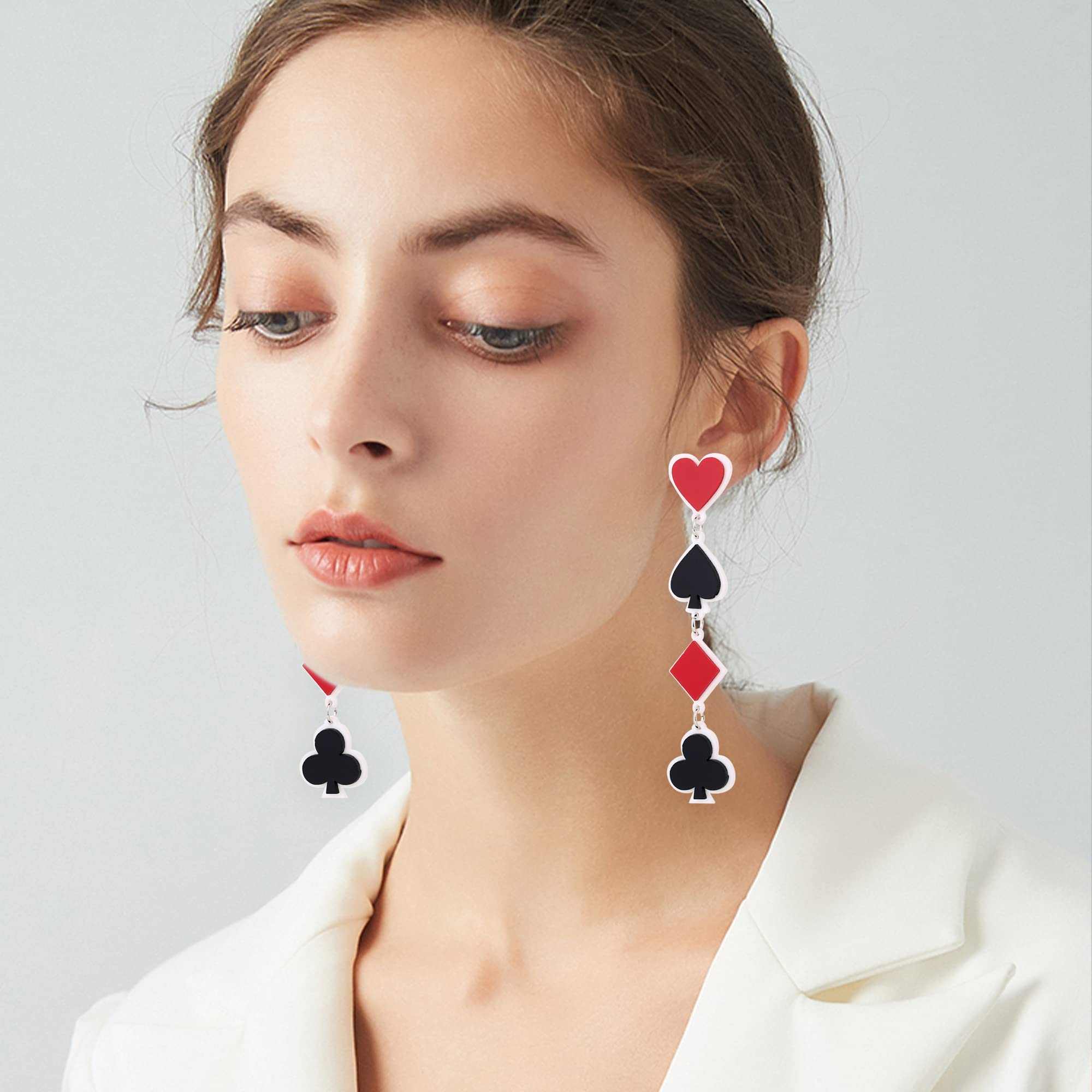 Unique Funny Playing Cards Pattern Dangle Drop Earring Personality Asymmetric Acrylic Spades Hearts Plum Poker Earrings for Women Gift Statement Nightclub Party Jewelry (Long Design)