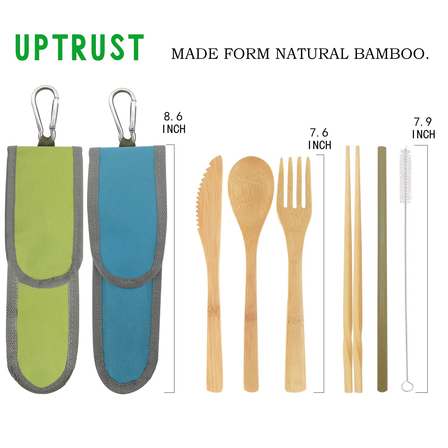 UPTRUST 2 Set Bamboo Cutlery Set Bamboo Travel Utensil Reusable Organic Bamboo Utensil Fork Knife Spoon Chopsticks Straw Cleaning Brush for Travel Picnic School Office(Skyblue& Green)