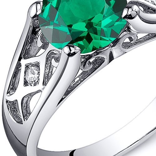 PEORA Simulated Emerald Cathedral Solitaire Ring for Women 925 Sterling Silver, 1.25 Carats Round Shape 7mm, Size 8