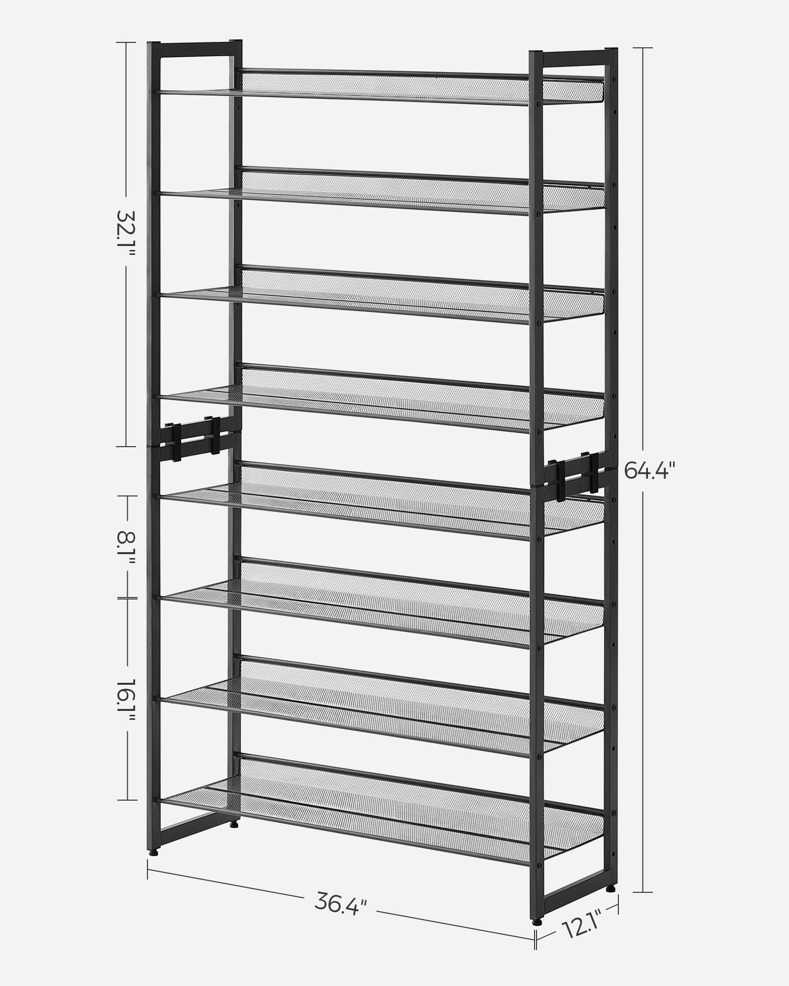 SONGMICS Shoe Rack, 8-Tier Shoe Organizer, Metal Shoe Storage for Garage, Entryway, Set of 2 4-Tier Stackable Shoe Shelf, with Adjustable Flat or Angled Shelves, Holds 32-40 Pairs, Black