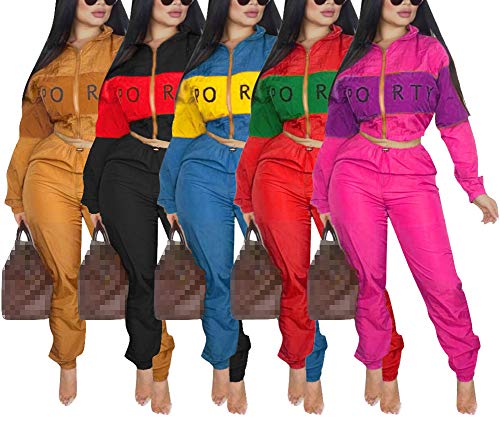 Ophestin Womens Letter Print 2 Piece Outfits Patchwork Windbreaker Tracksuit Set Black Size XL