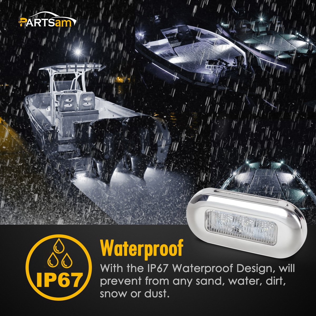 Partsam 4pcs 3" LED Oblong Stainless Courtesy Light Submersible Yacht Marine Boat Deck Lights, Walkways Step storage Led Interior Exterior courtesy Lights lighting, Suface Mount, 12V
