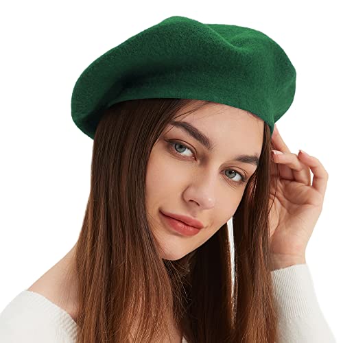 Wool Beret Hat French Beret Cap Winter Artist Painter Hat Solid Color for Women (Green)