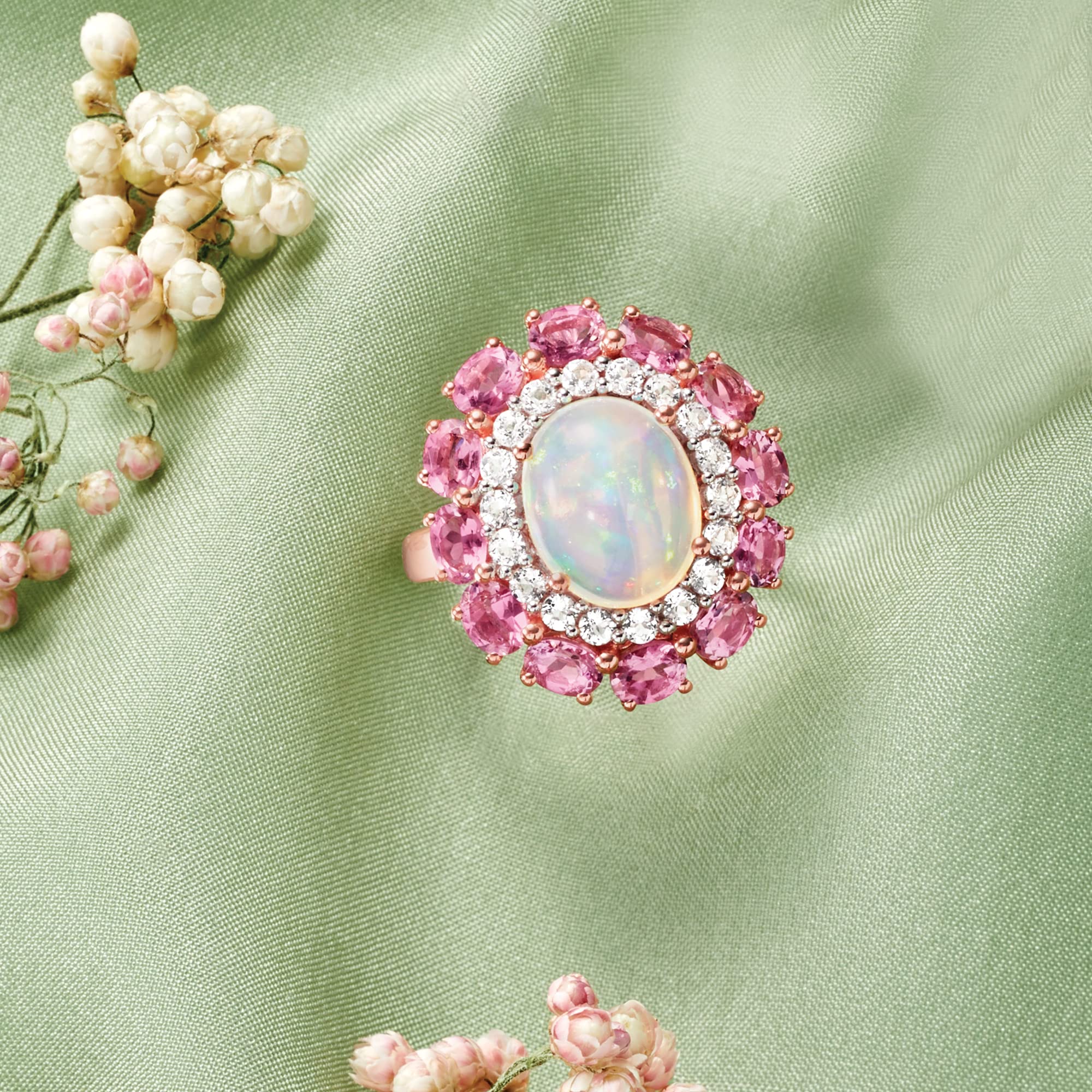 Ross-Simons Ethiopian Opal, 1.50 ct. t.w. Pink Tourmaline and .60 ct. t.w. White Topaz Ring in 18kt Rose Gold Over Sterling. Size 10