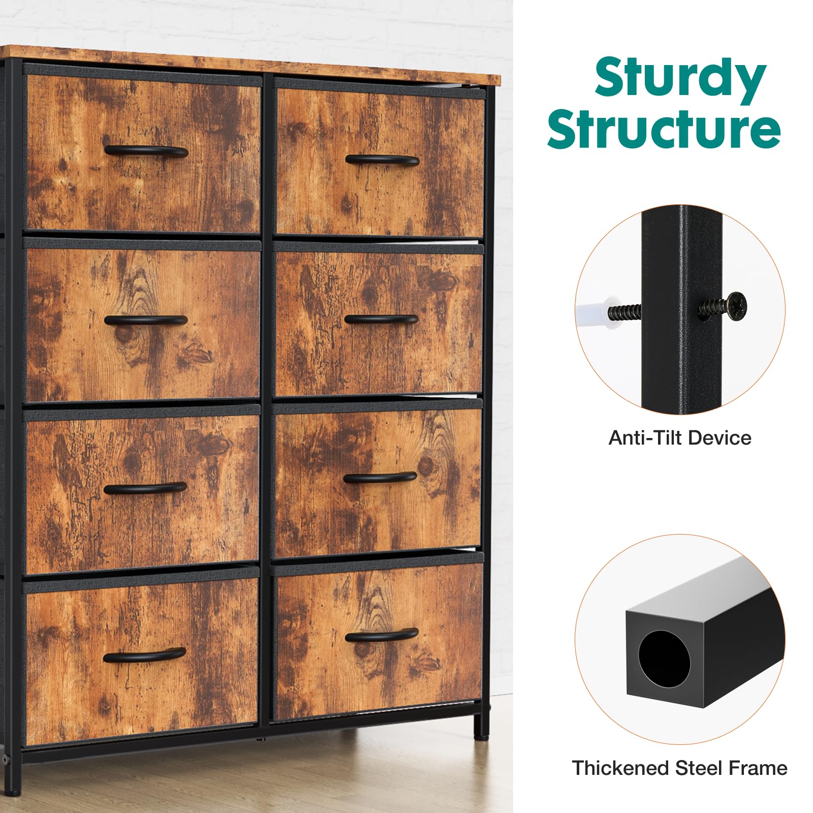 OLIXIS Organizer Storage 8, Chest of Drawers with Fabric Bins, Tall Dresser with Wood Top for Bedroom, Closet, Entryway, Brown