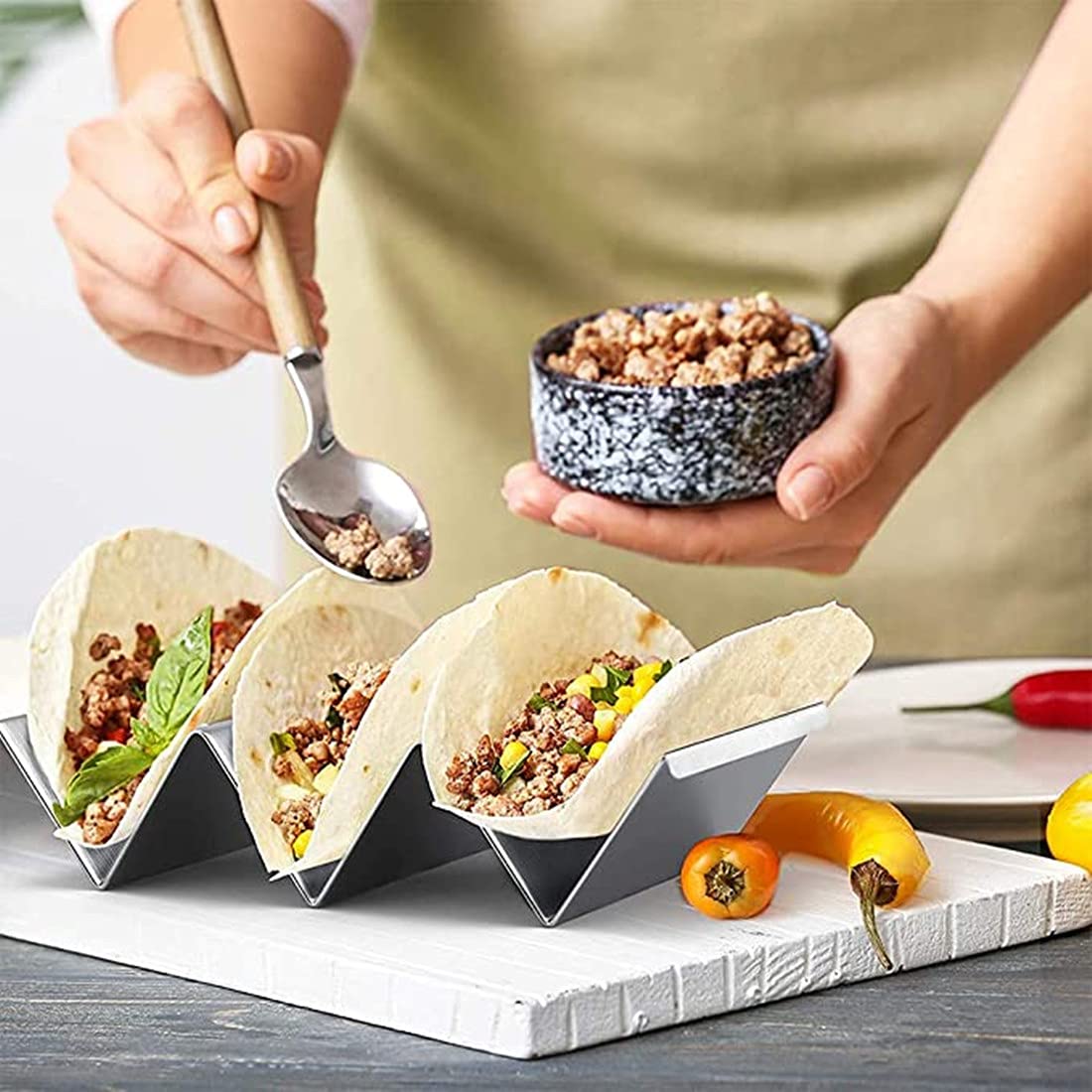 Taco Holder Stand - Set of 3 - Grill Safe Oven Trays 304 Stainless Steel Taco Racks with Handles - Fill & Serve Tacos With Ease - Taco Plate