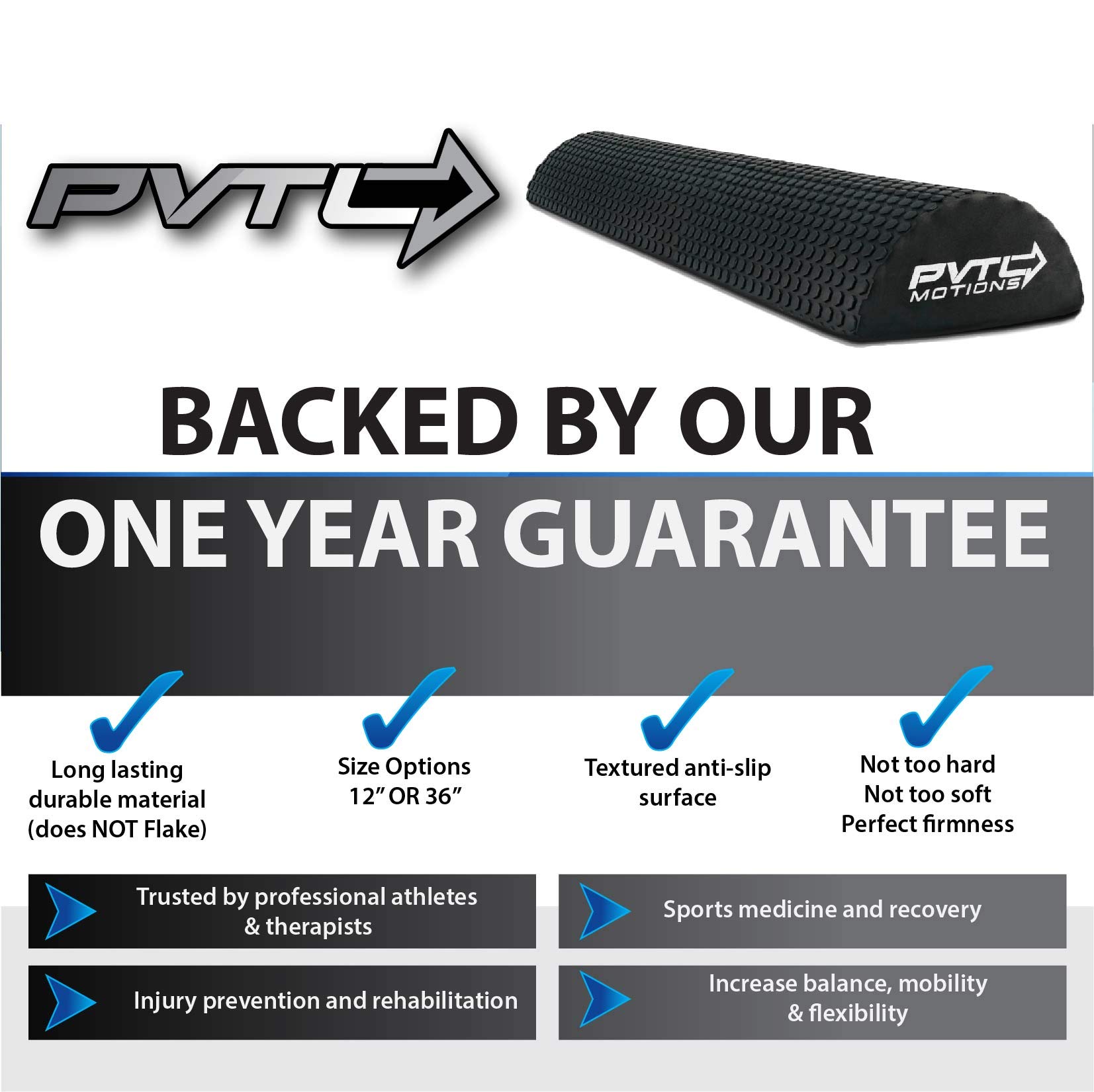 PVTL Half Foam Roller 12 inch Foam Roller for Physical Therapy and Exercise Black Equipment (Half Round Black 6" X 12") Downloadable Stretching Chart Included