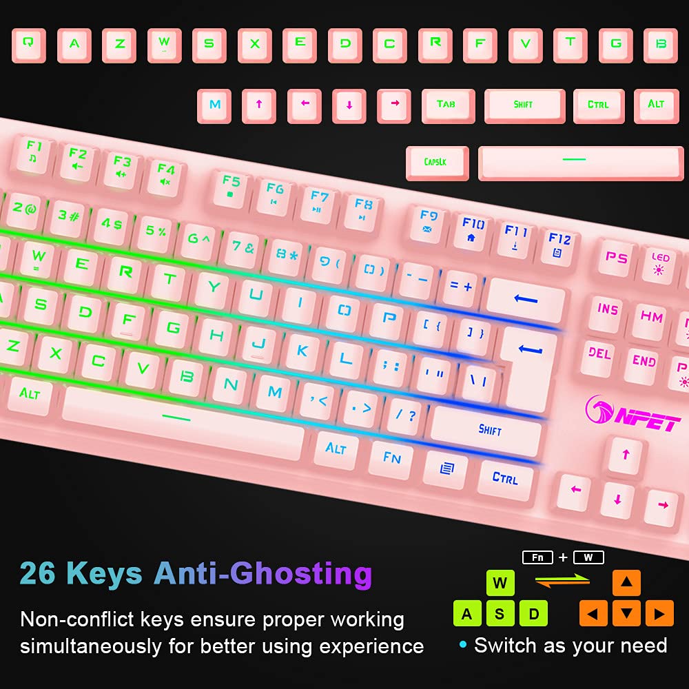 NPET S20 Wired Gaming Keyboard Mouse Combo, LED Backlit Quiet Ergonomic Mechanical Feeling Keyboard, Gaming Mouse 6400 DPI, for Desktop, Computer, PC, Pink