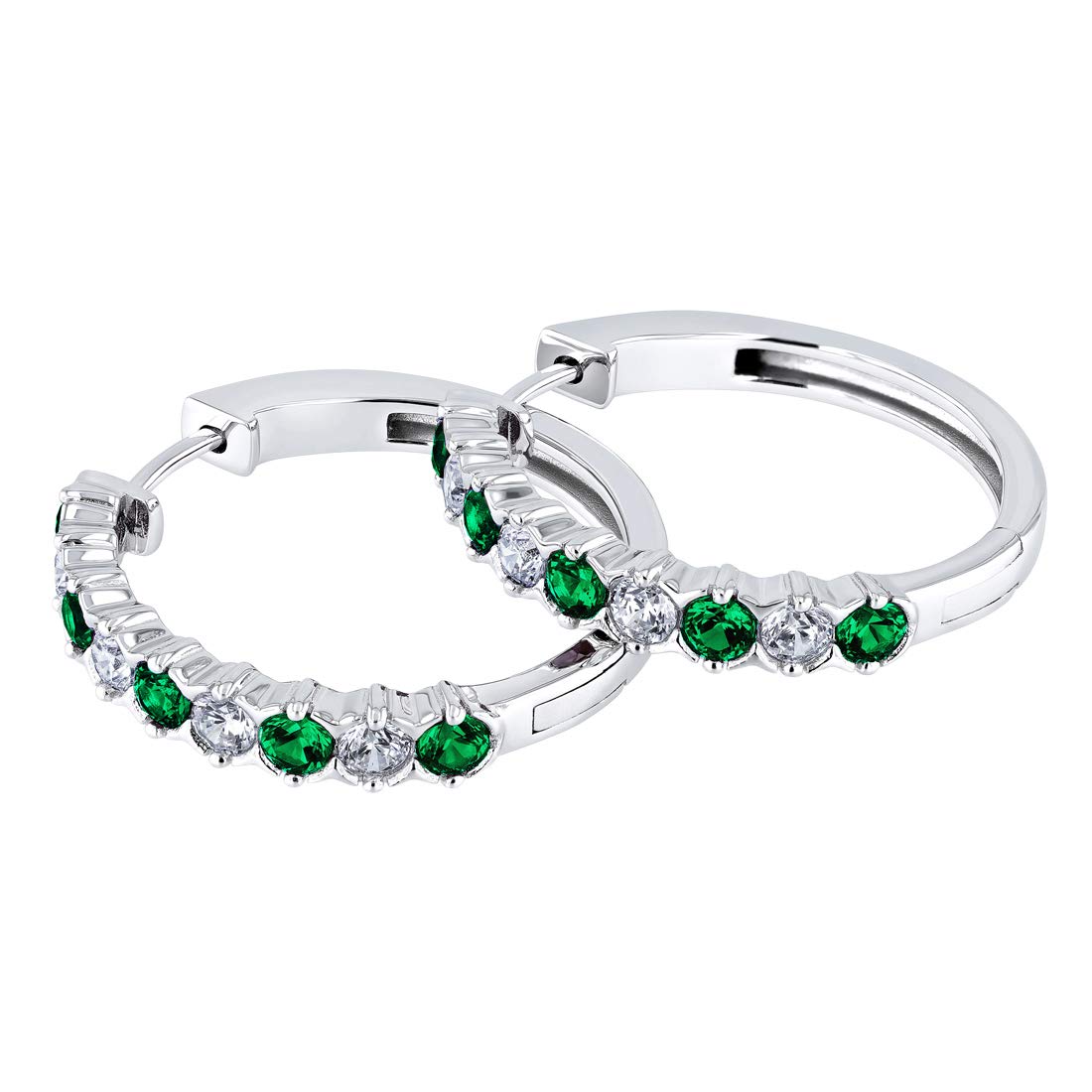 Peora Simulated Emerald and White Cubic Zirconia Women's Hoop Earrings in Sterling Silver, 1.50 Carats total, 1 inch Diameter