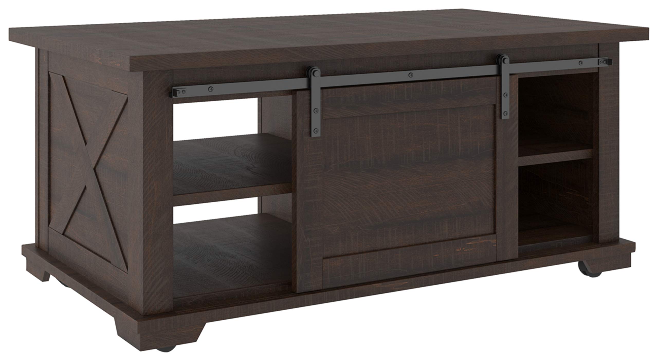 Signature Design by Ashley Camiburg Farmhouse Rectangular Coffee Table with Sliding Barn Doors, Dark Brown