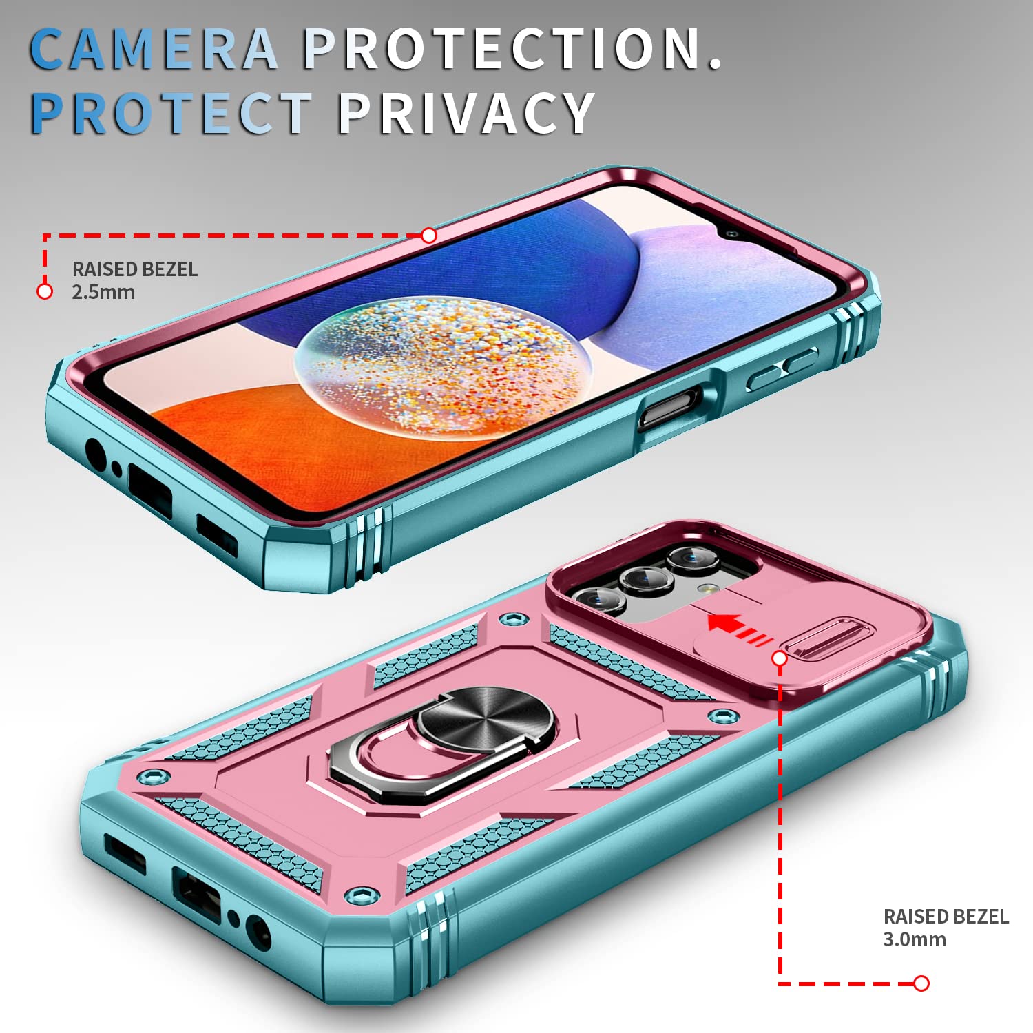 PASNEW for Samsung Galaxy A14 5G Case,Kickstand & Slide Camera Cover, Military Grade Heavy Duty Full Body Shockproof Multi-Layer Shell for A14 4G,6.6 inch,Pink Green