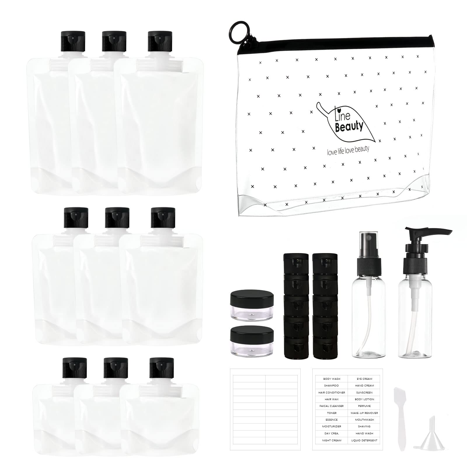 NUTAKI 19 Pcs Travel Bottles Kit for Toiletries - 3.4oz Tsa Approved Leak Proof Refillable Containers with Labels and Toiletry Bag, Squeezable Pouches - Travel Essentials for Liquid Shampoo