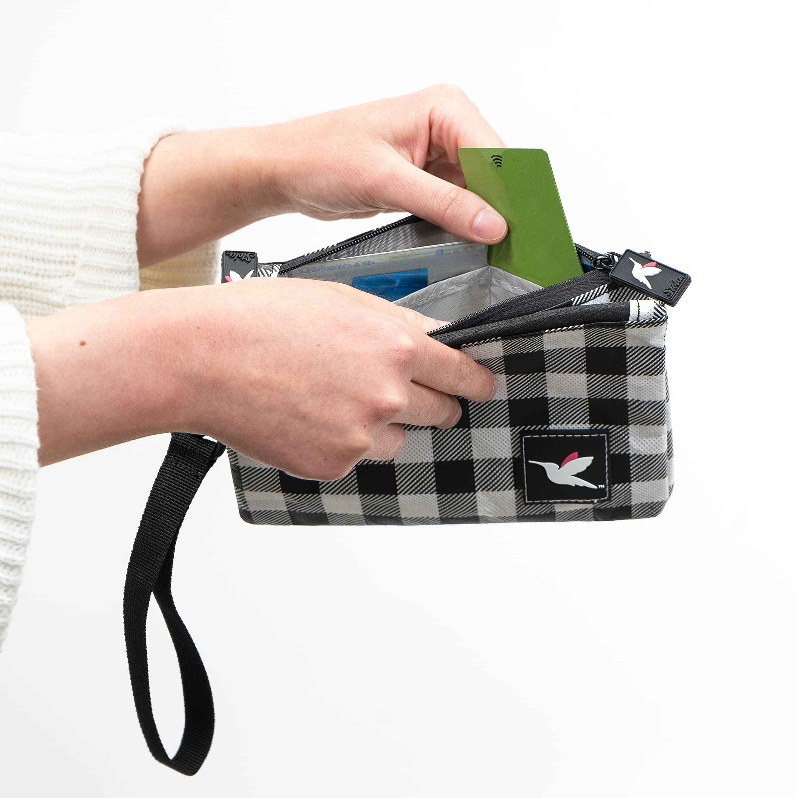 Stola On The Town Pouch – Multi-Functional Clutch Bag or Wristlet – Water Resistant, Wipeable On the Go Bag with Removable Strap – Ideal for Concerts or Nights Out, Gingham Check
