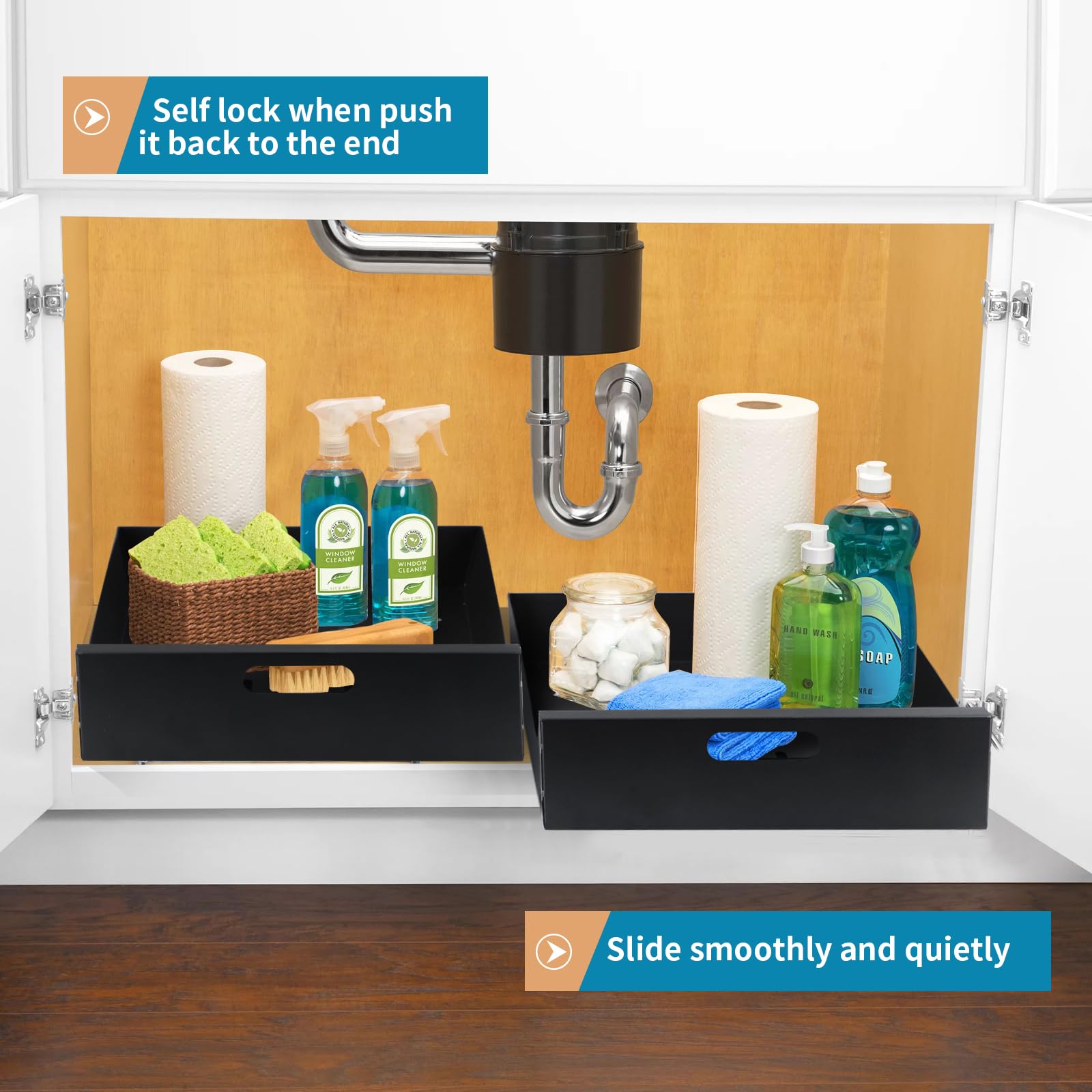 Sanbege Pull Out Cabinet Organizer Self Adhesive, Heavy Duty Metal Sliding Drawer, 16.9" D x 11.8" W x 3.7" H Slide Out Pantry Shelf for Kitchen, Bathroom, Bedroom, Living Room, Garage, Office (Black)
