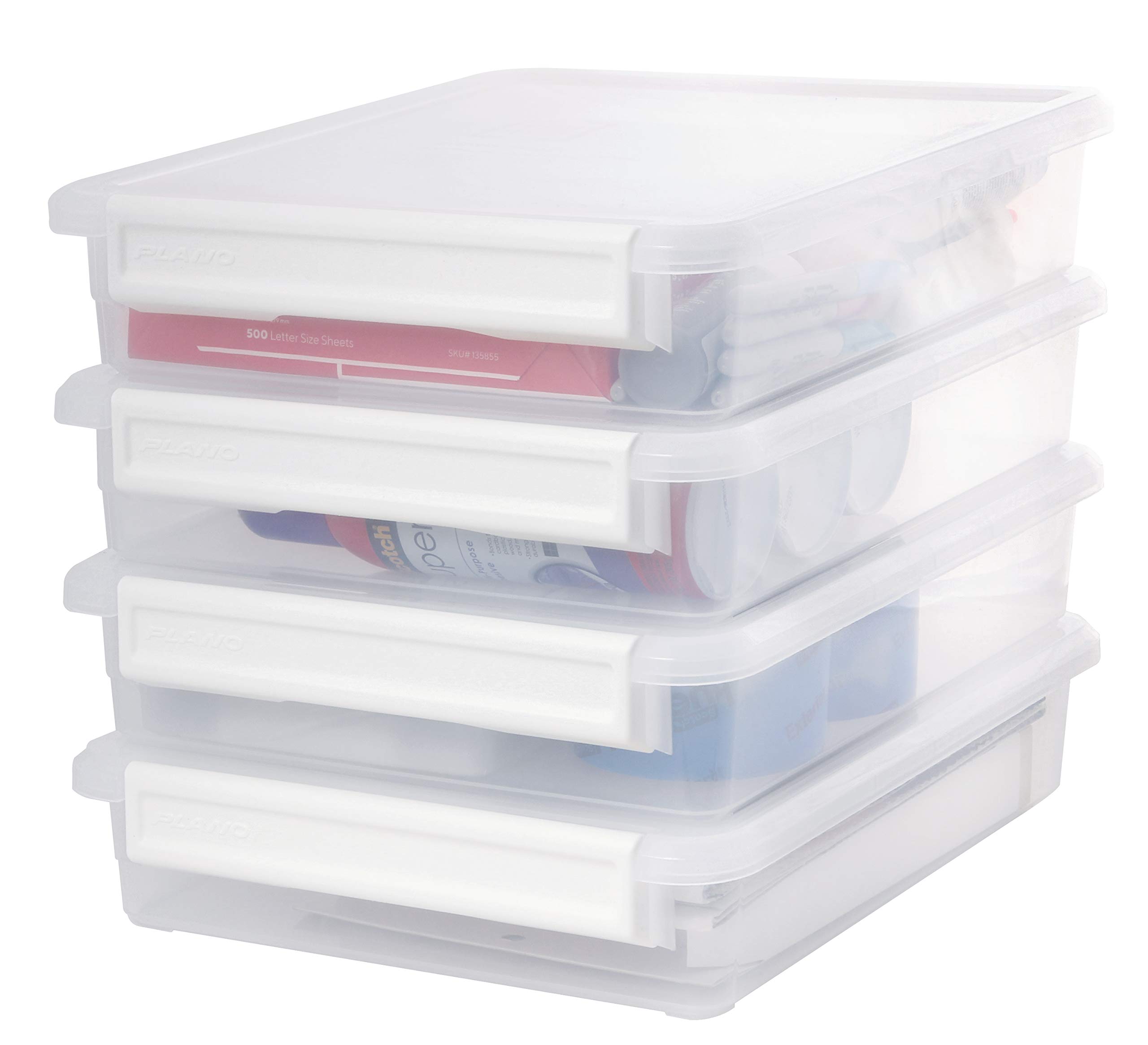Plano (Pack of 4) Cubby Cube Clear Storage| Stackable Clear Storage Bins With Secure White Latch, Clear With White Latch