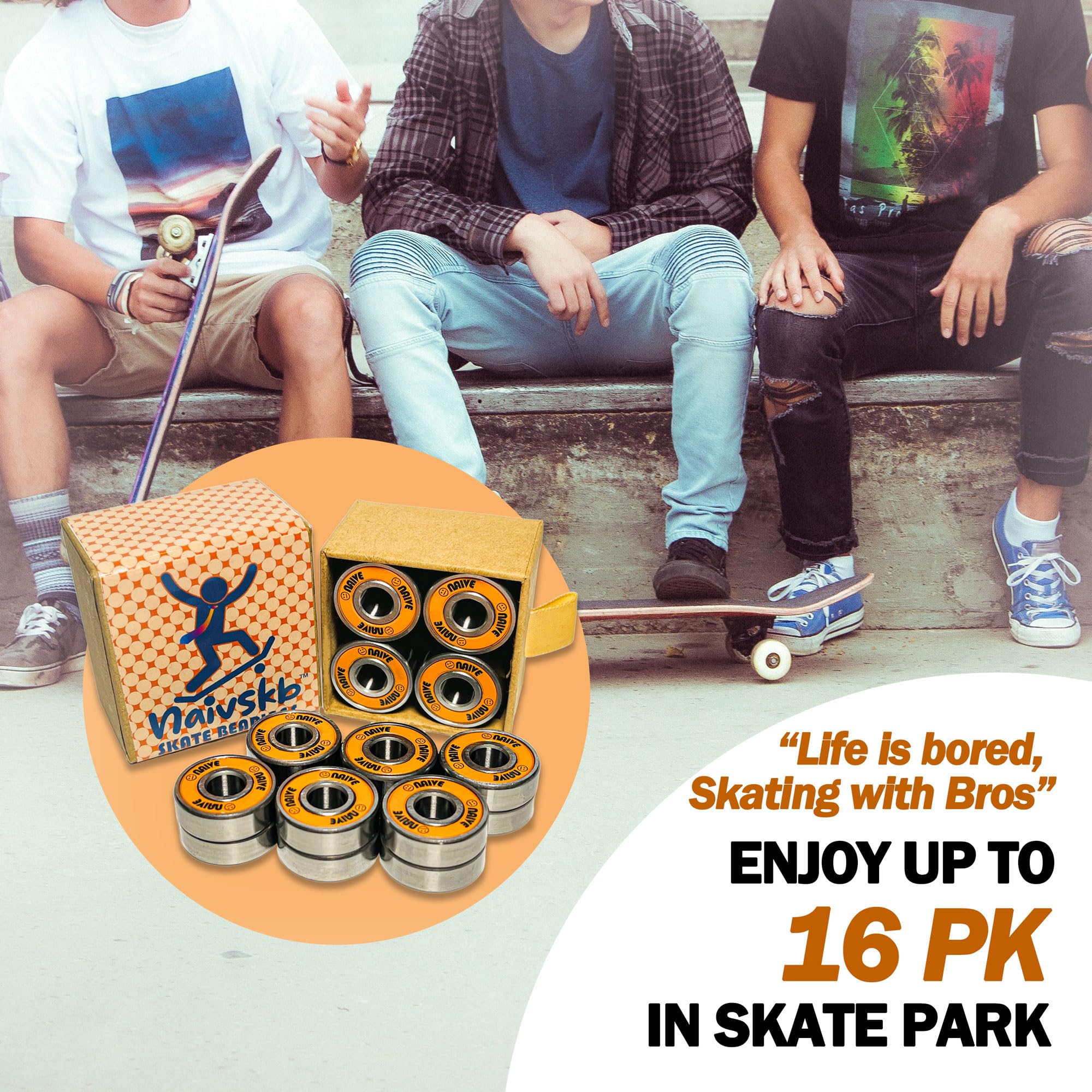 Naivskb Skate Bearings 8mm 16 Pack, Precision 608 Bearings Quad Inline Speed Roller Skate Derby Skateboard Longboard(Vintage Orange)