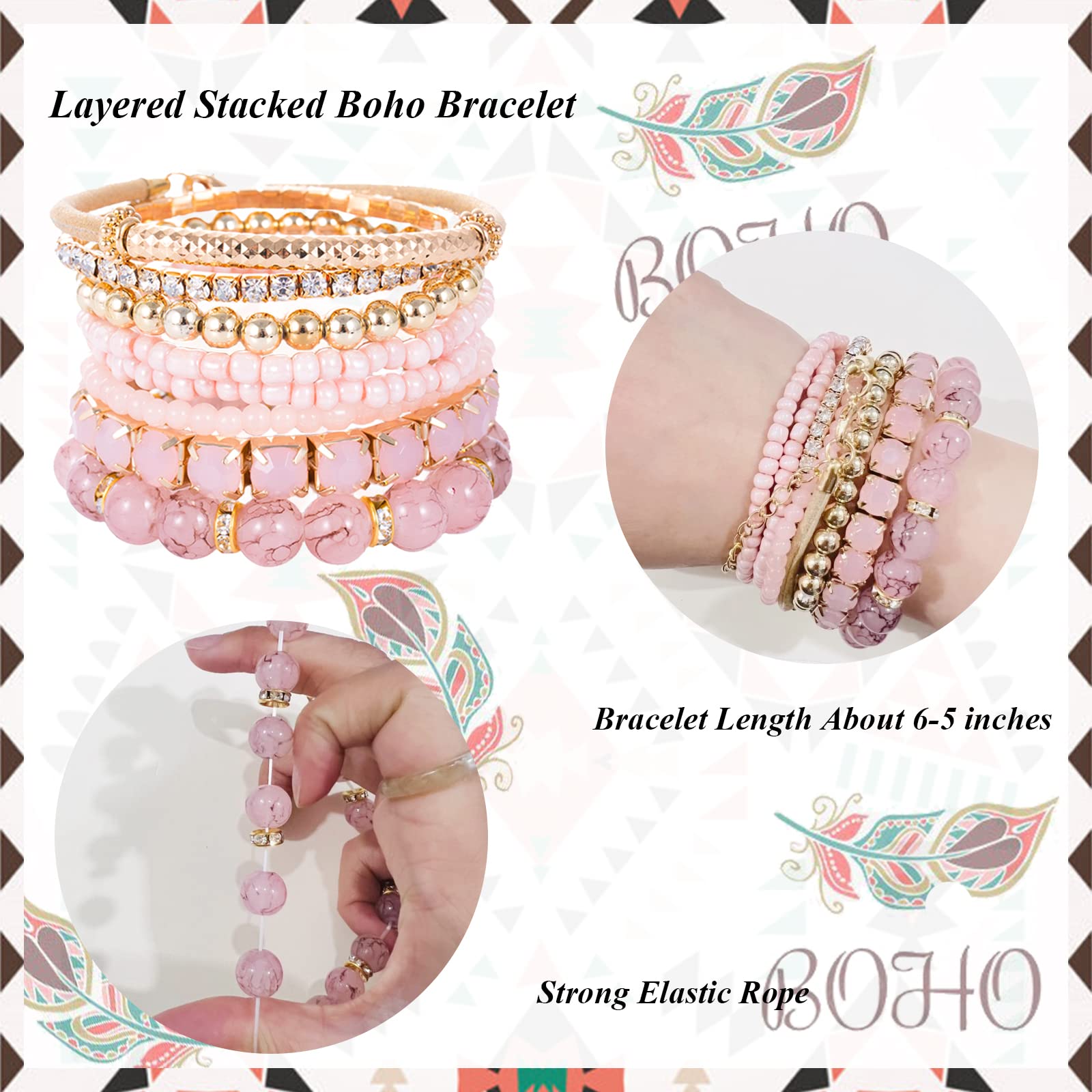 Svovin 1-6 Sets Bohemian Stackable Bead Bracelets for Women Multicolor Stretch Beaded Bracelets Layered Bead Adjustable Bracelet Pink Black Turquoise Stretch Bracelets