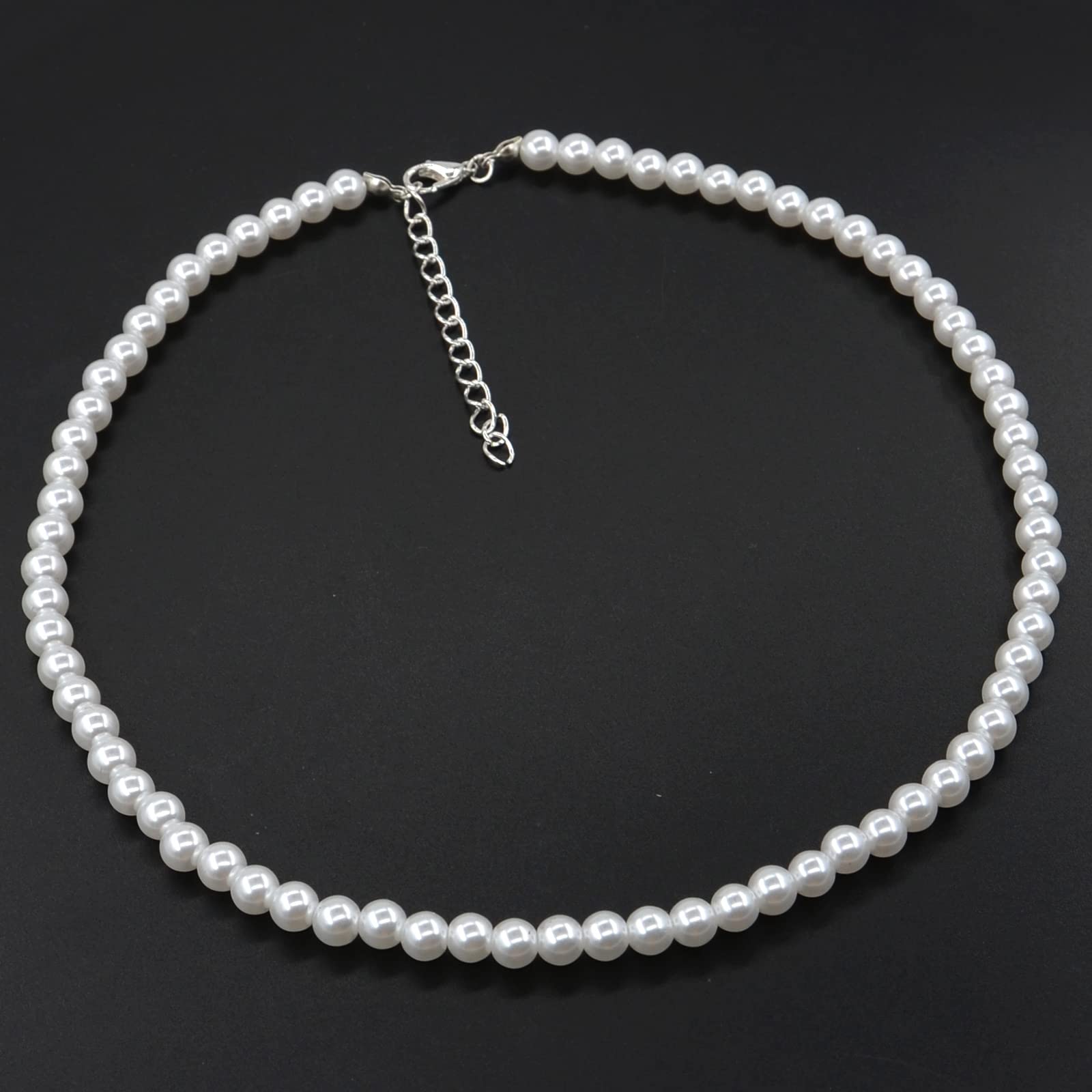 White Round Pearl Bead String Necklace for Men and Women - Imitation Pearl Choker Necklace Pearl Necklace White (8mm)