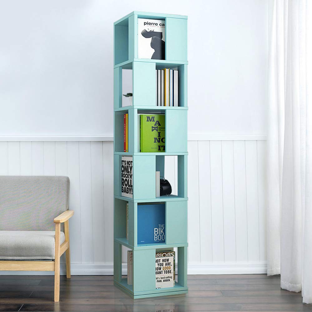 QIHANG-US 6 Tier Wooden Bookcase Corner Tall Book Shelf Modern 360° Rotating Storage Display Rack Floor Standing Shelves with Open Design Shelving Unit for Home Office Living Room Study, Blue