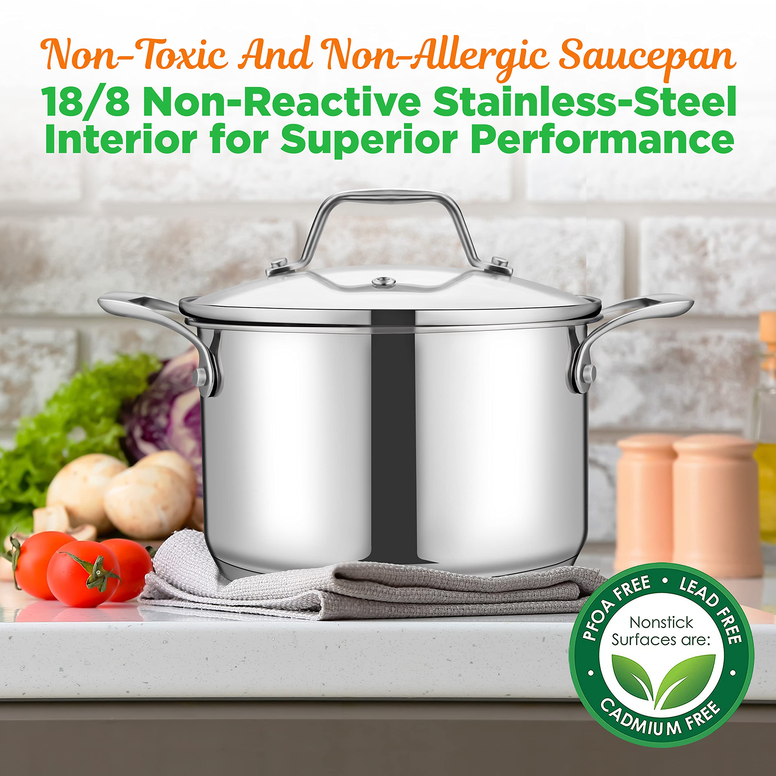 NutriChef 3-Quart Stainless Steel Soup Pot - 18/8 Food Grade Heavy Duty Cookware, Stock Pot, Stew Pot, Simmering Pot Kitchenware w/See Through Lid, Dishwasher Safe, For Induction Gas Ceramic Cooktops