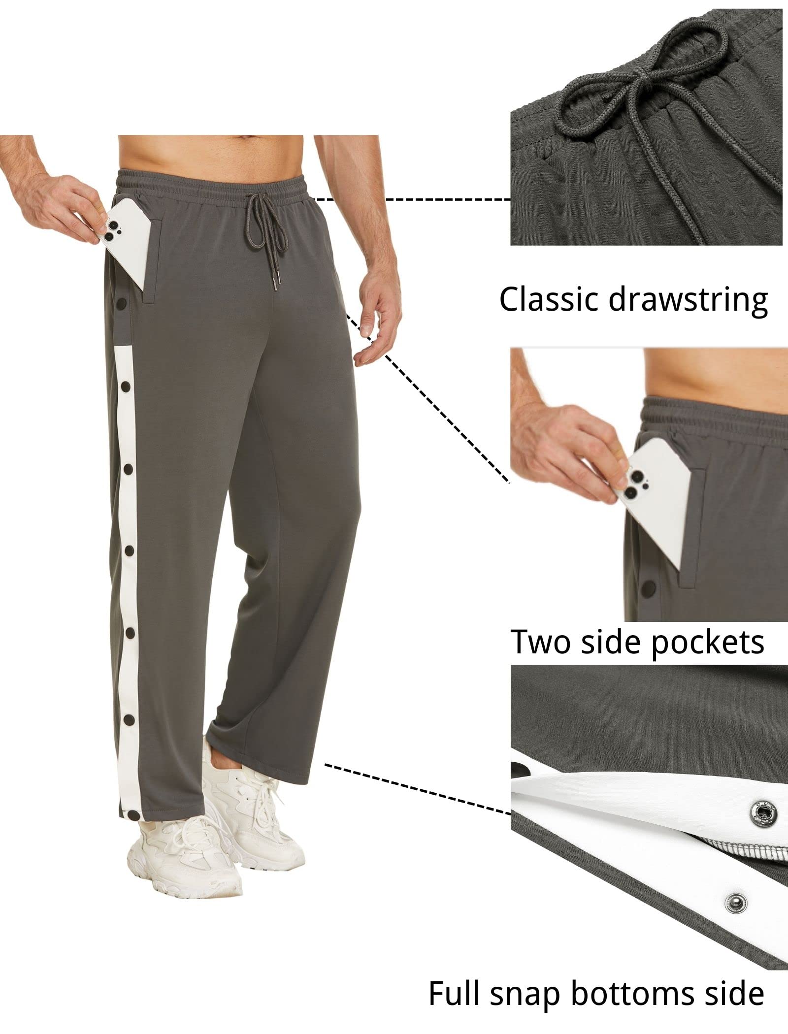 Wataxii Men's Tear Away Snap Button Pants Sporty High Split Drawstring Loose Post Surgery Basketball Sweatpants with Pockets