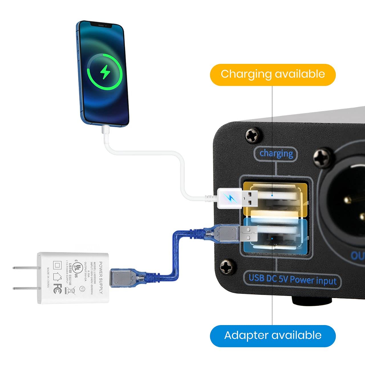 Phantom Power Supply,Moukey 1-Channel 48V with Adapter New USB Charging Capability, 10 Feet XLR Cable and Adapter for Any Condenser Microphone Music Recording Device-New Version