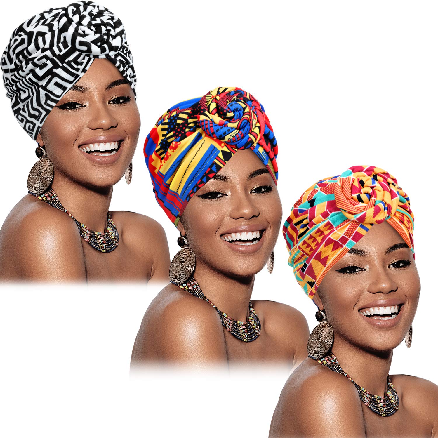SATINIOR 3 Pieces African Turban for Women Knot Pre-Tied Bonnet Beanie Cap Headwrap (Black Orange Pink Geometry)