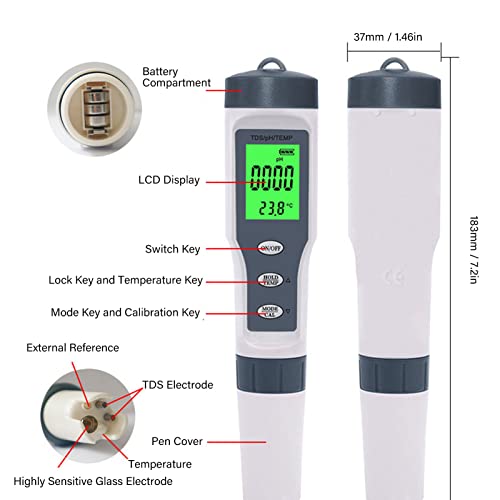 Water Quality Tester Tool, Temp PH Meter 3 in 1 Portable Auto Calibration Wide Test Range for Pool