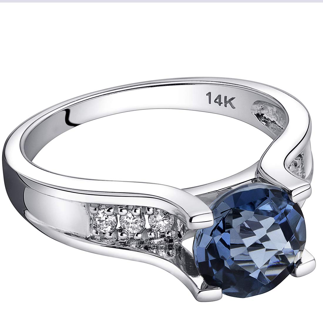PEORA London Blue Topaz and Diamond Ring in 14K White Gold, 2.25 Carats total, Cathedral Design, Round Shape Solitaire Engagement, Round Shape, 8mm, Comfort Fit, Size 7