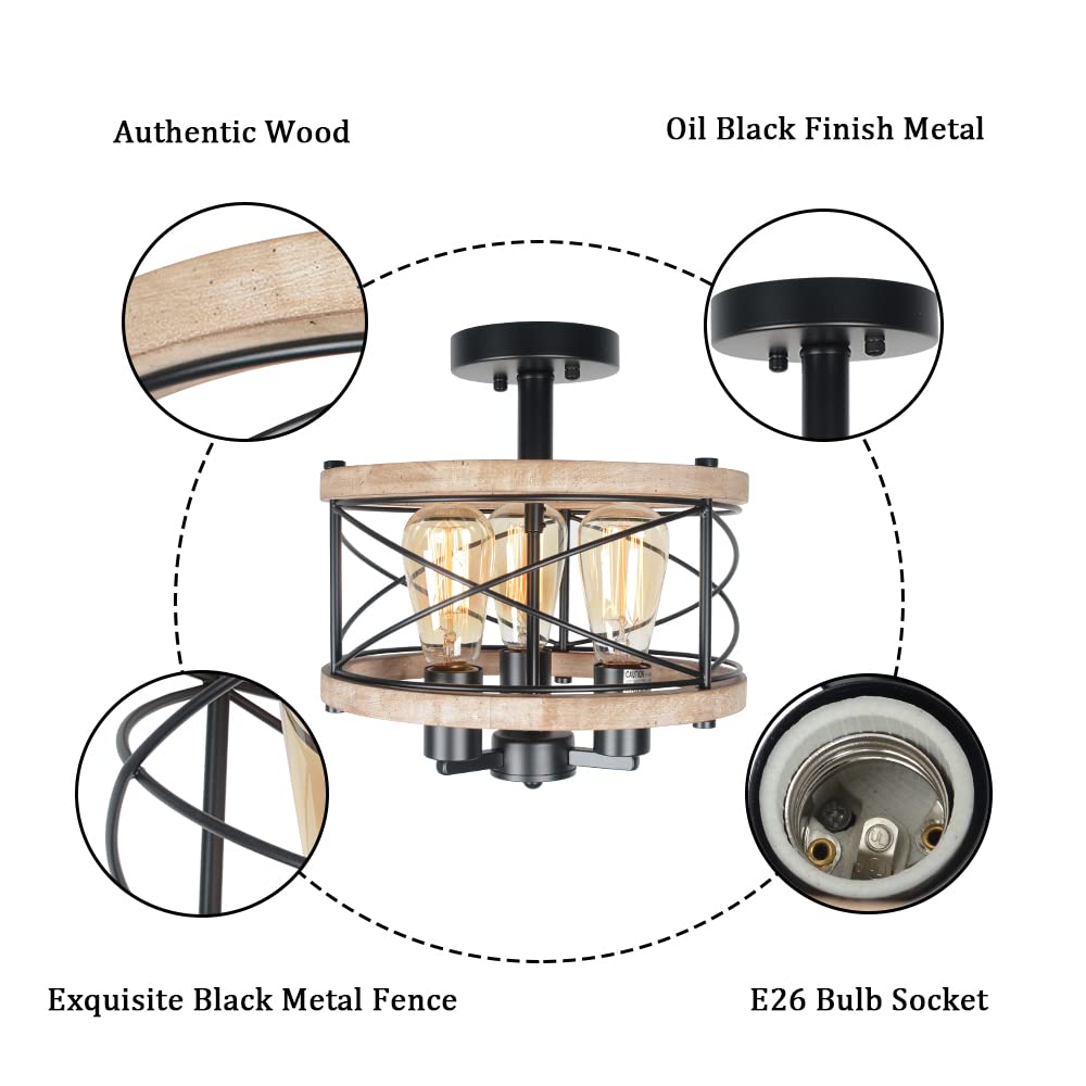 Round Rustic Semi Flush Mount Ceiling Light, Wood Farmhouse Kitchen Light Fixture Black Metal Industrial Bathroom Bedroom Cage Ceiling Lighting 3 Lights Edison E26 17121B
