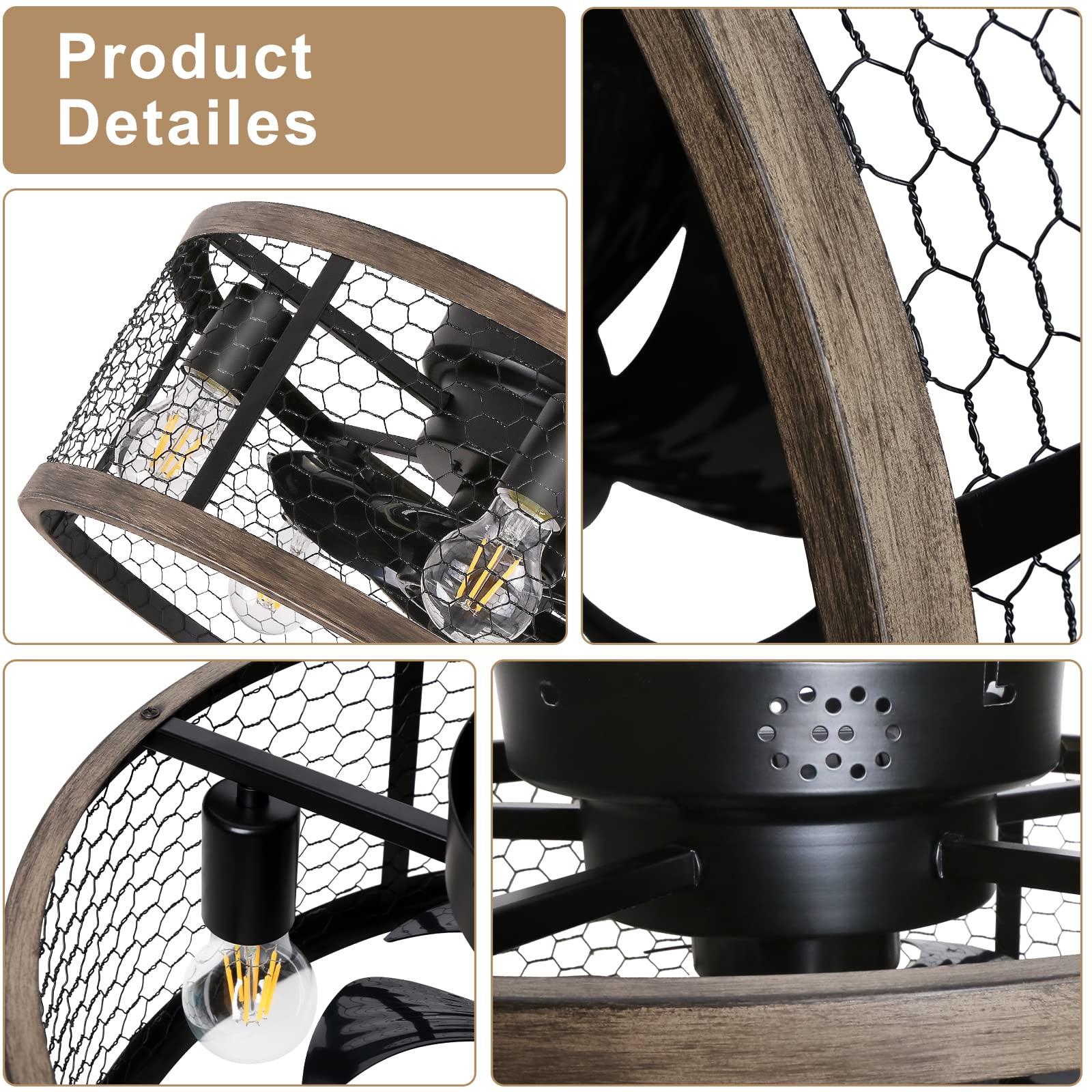 Ohniyou 20'' Flush Mount Caged Ceiling Fan with Lights Remote Control, Farmhouse Rustic Low Profile Small Vintage Enclosed Ceiling Fan Lighting Fixture Bedroom Dining Room