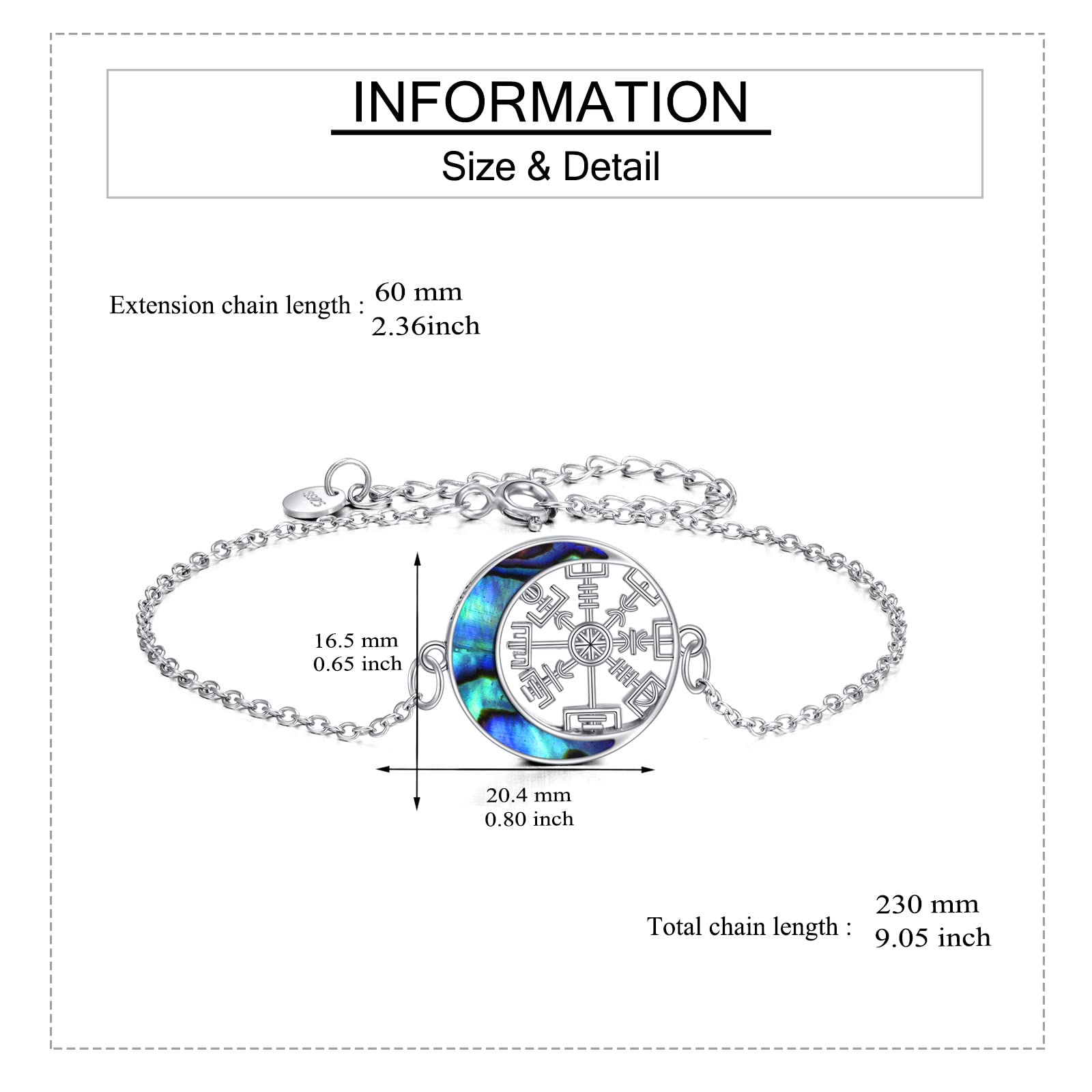 URONE Viking Compass Bracelet Sterling Silver Abalone Shell Crescent Moon Compass Travel Nordic Pagan Jewelry for Women