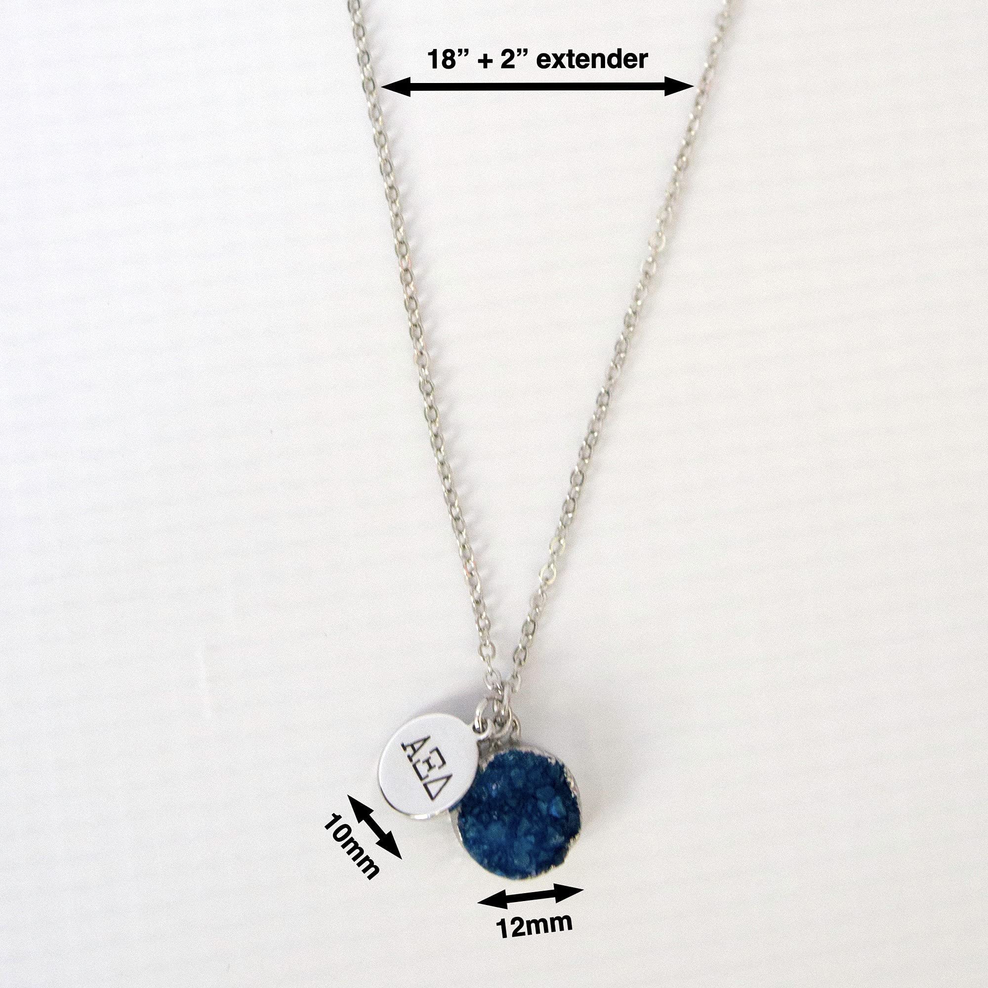 Sorority Shop ADP Necklace - Alpha Delta Pi Blue Druzy Gemstone Necklace With Engraved Pendant β 14K Gold Dipped Jewelry with Blue Gemstone β Sorority Gift, Charm Paraphernalia
