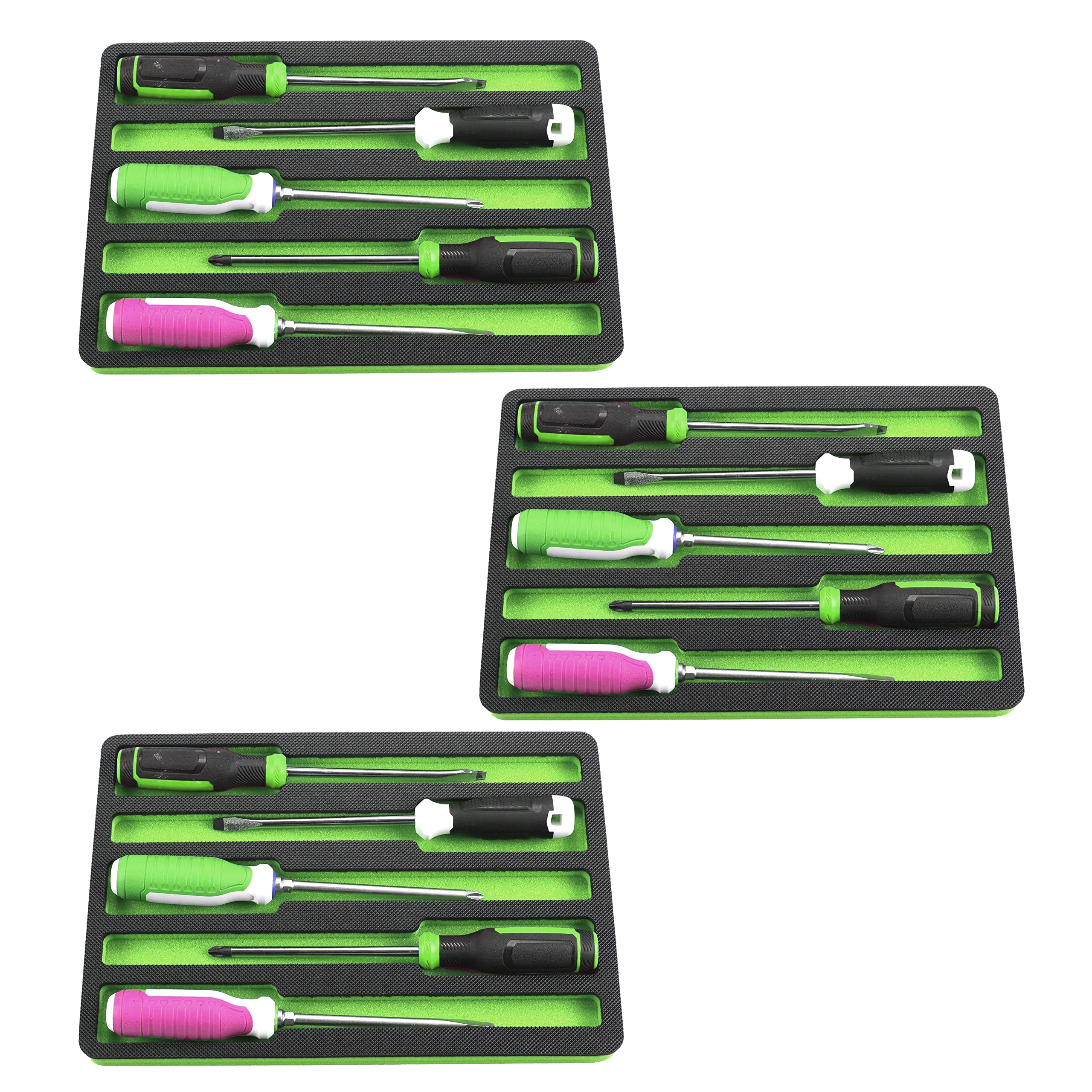 Polar Whale Tool Drawer Organizer 3-Piece Screwdriver Insert Set Green and Black Durable Foam Holds Many Tools 15 x 10 Inch Trays Fits Craftsman Husky Kobalt Milwaukee Many Others