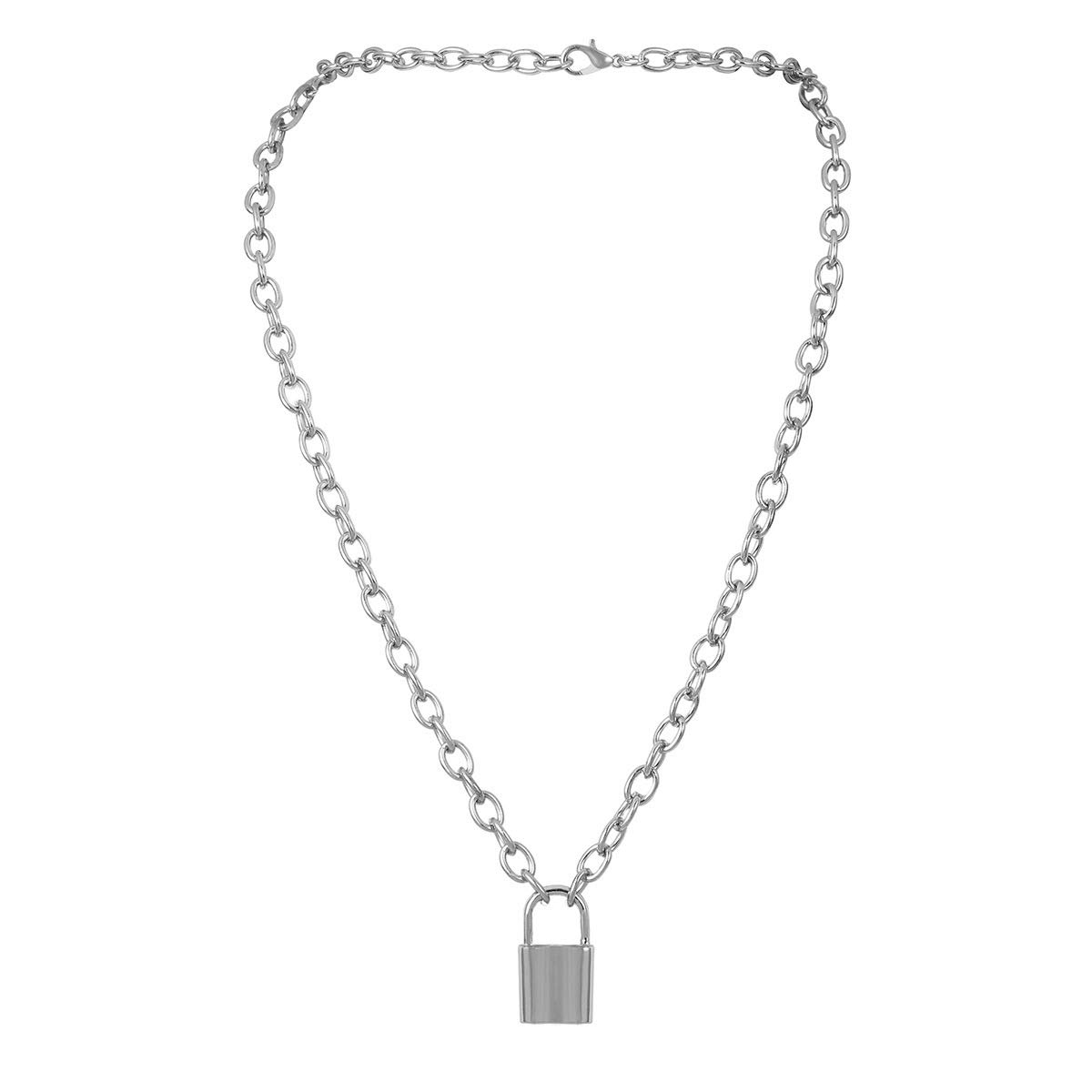 Qiuseadu 7th Moon Lock Pendant Necklace Statement Long Chain Punk Multilayer Choker Necklace for Women (Silver)
