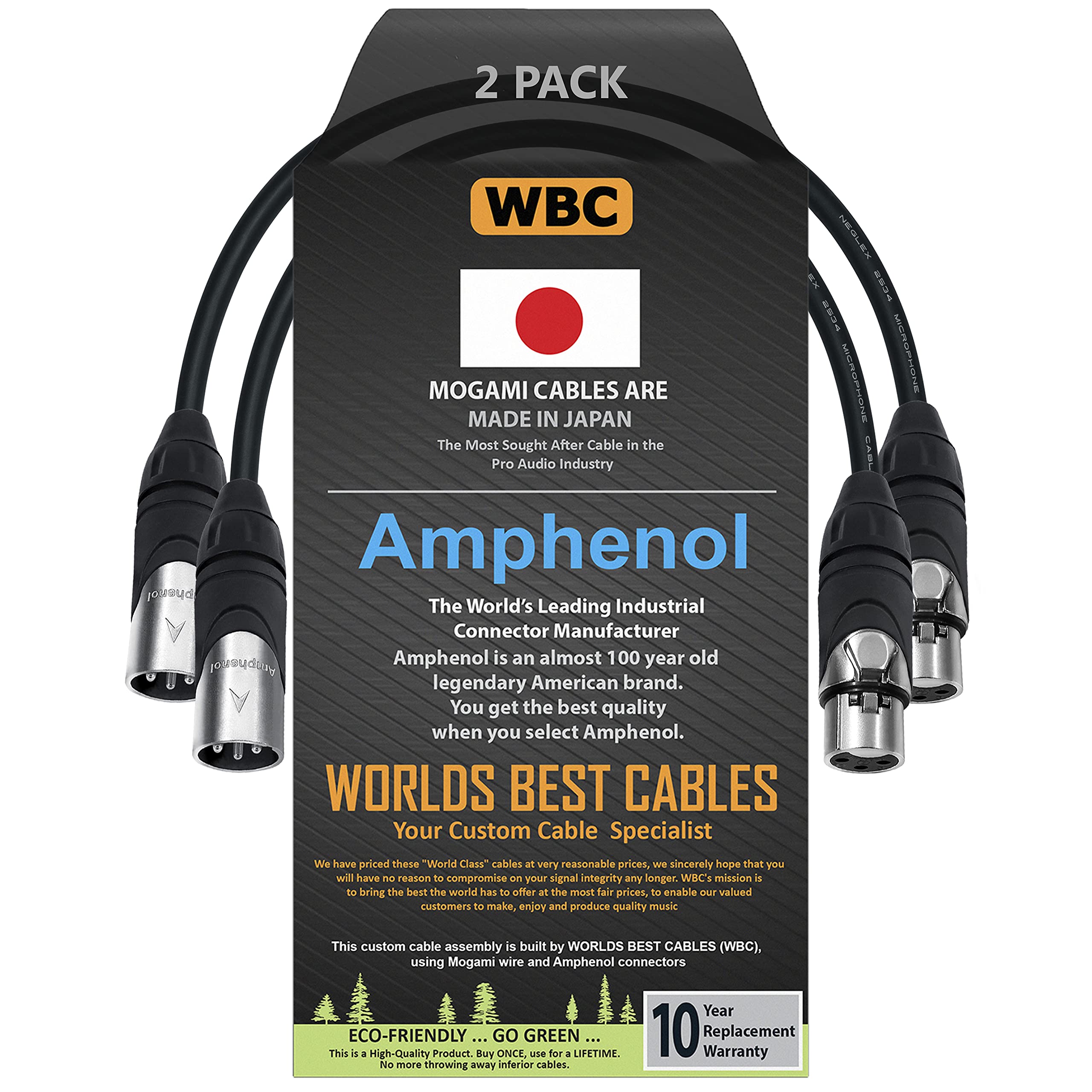 WORLDS BEST CABLES 2 Units - 0.5 Foot - Quad Balanced Microphone Cable CUSTOM MADE using Mogami 2534 wire and Amphenol AX3M Male & AX3F Female Silver XLR Plugs