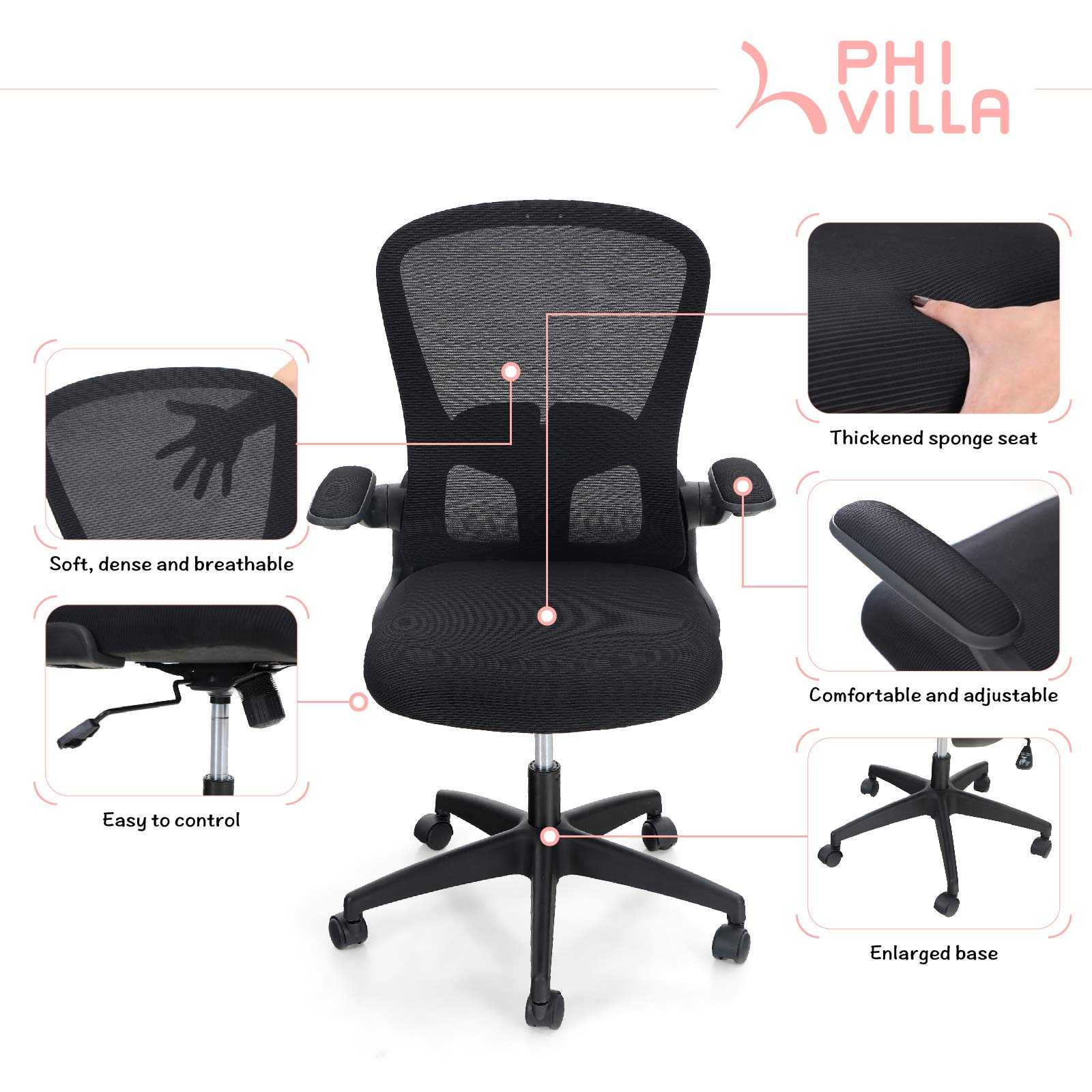 PHI VILLA Office Desk Chairs with Mid Back, Ergonomic Home Office Mesh Desk Chairs with Wheels and Adjustable Armrest,Adjustable Height for Women and Men,Maximum Load Capacity:250 lbs