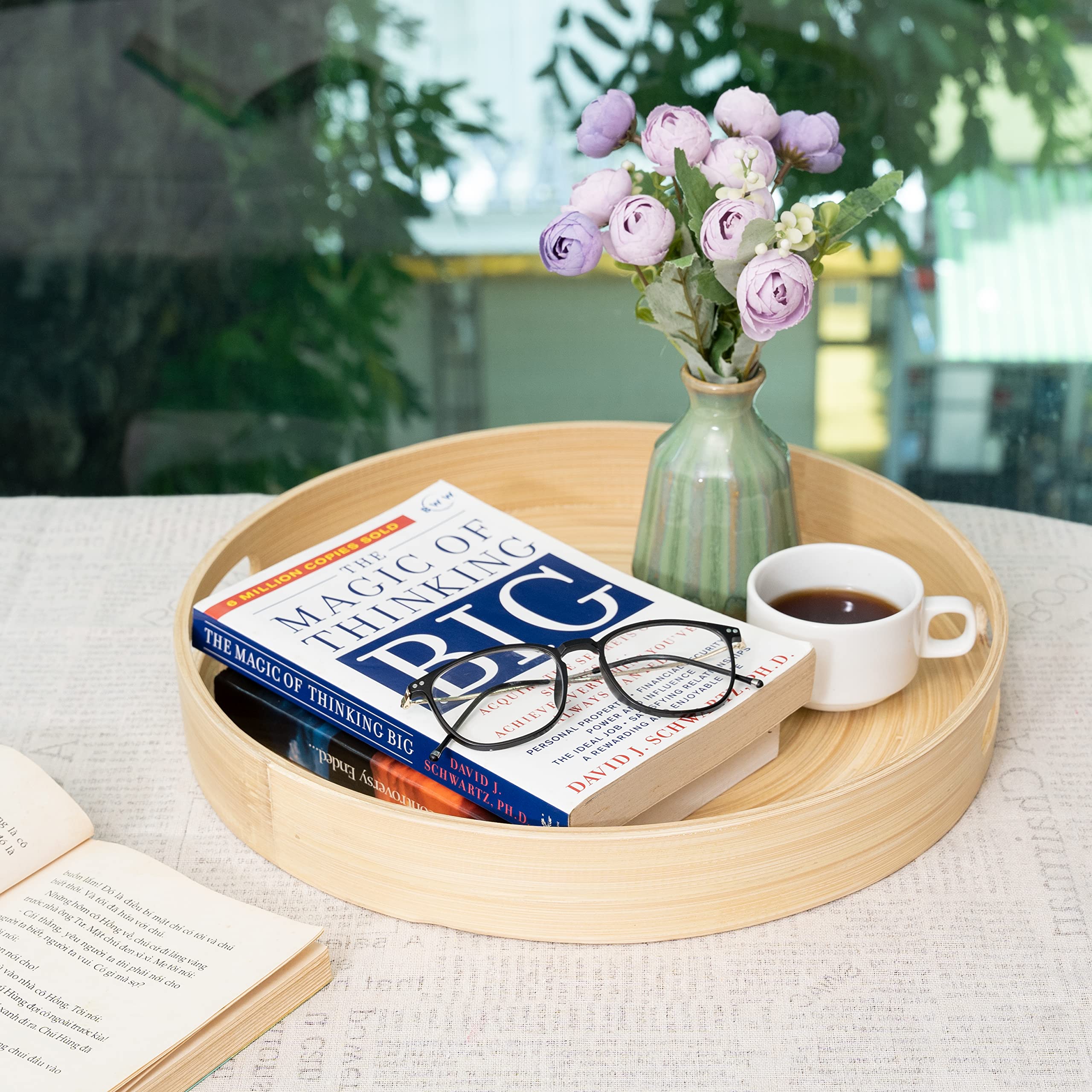 Round Serving Tray with Handles Bamboo Trays Serving Large Decorative Tea Trays for Coffee Table Bar Home Decor Bathroom Centerpieces Outdoor Organizing Tray for Vanity Fruit Set 2 (Bamboo Natural)