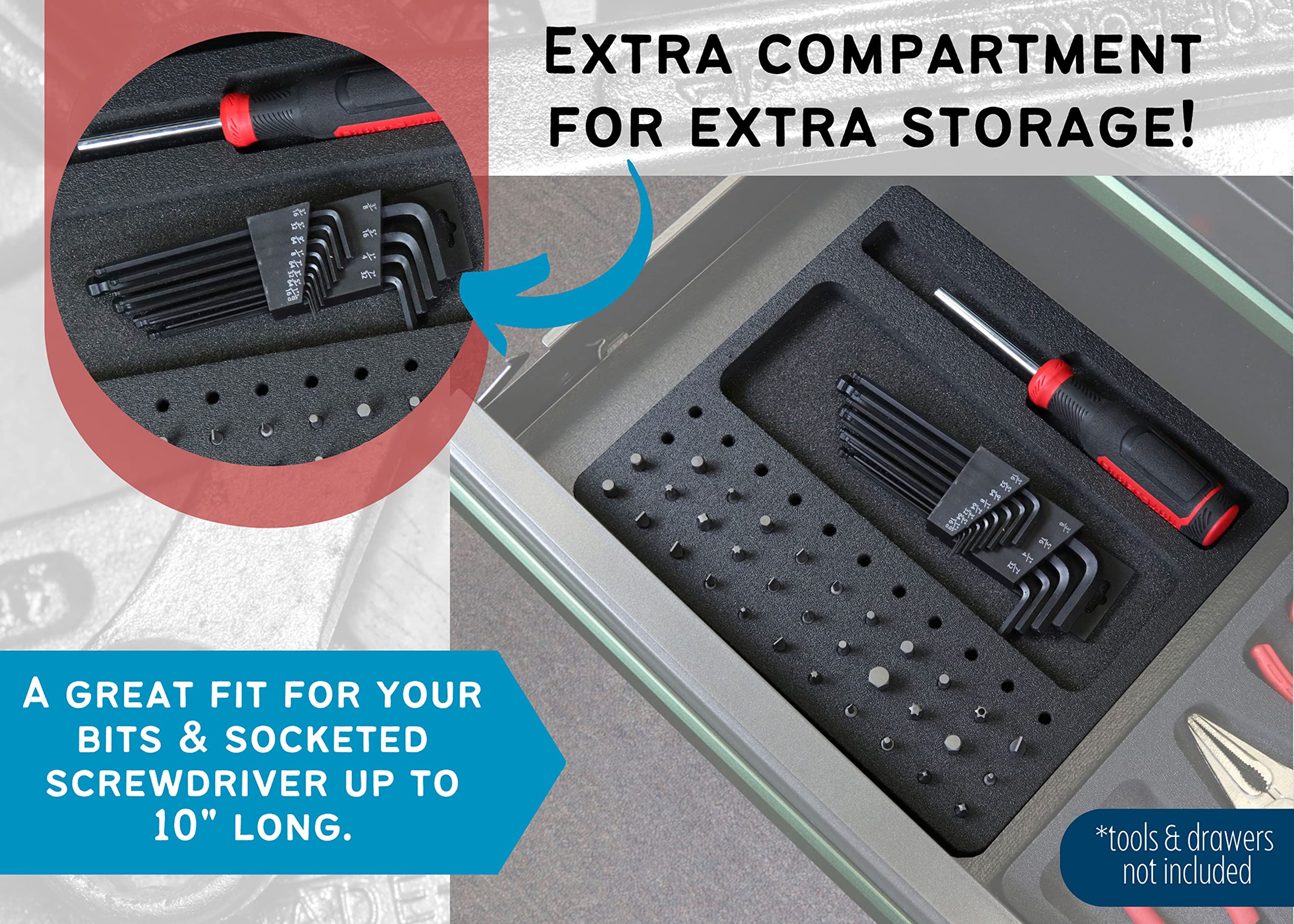Polar Whale Tool Drawer Organizer Socketed Screwdriver Holder Insert Black Durable Foam Tray Holds Drivers Up To 10 Inches Holds 44 Bits Fits Craftsman Husky Kobalt Milwaukee Many Others