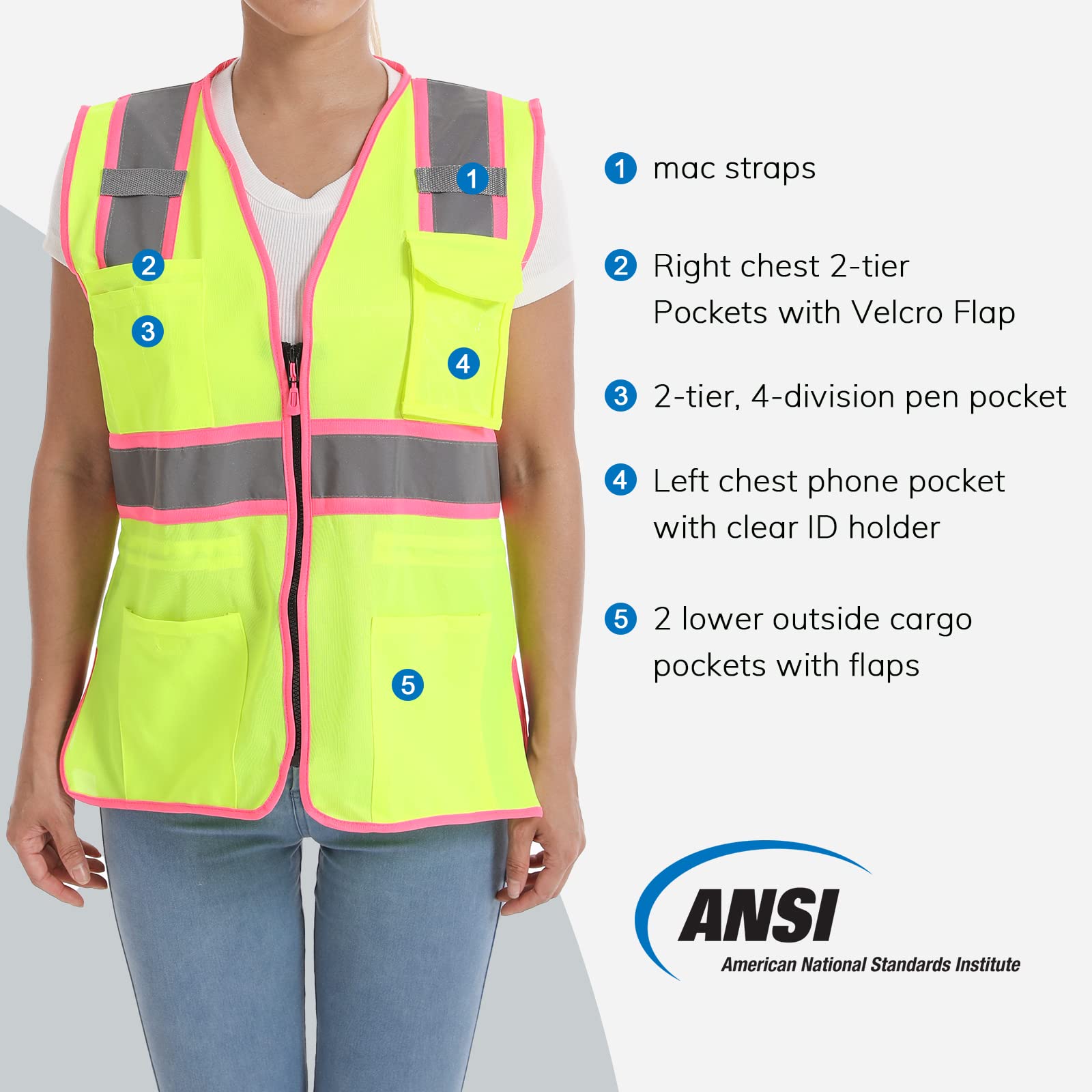 SKSAFETY Safety Vest For Women, Class 2 High Visibility Security Drawstring waist Vest with Zipper, Hi Vis Vest with Reflective Strips, ANSI/ISEA Standard, Construction Work Vest(Lime/S)