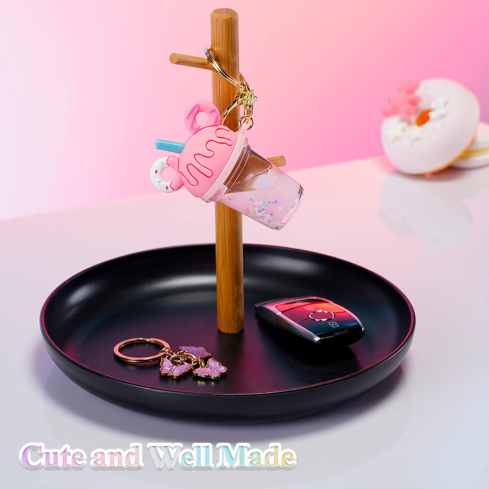 YOU WIZV Liquid Keychain, Kawaii Cute Donut Charms for Backpacks, Aesthetic Bubble Tea Boba Water Keychain for Girls, Kids,Women, Daughters, Boys(Pink Keychain)
