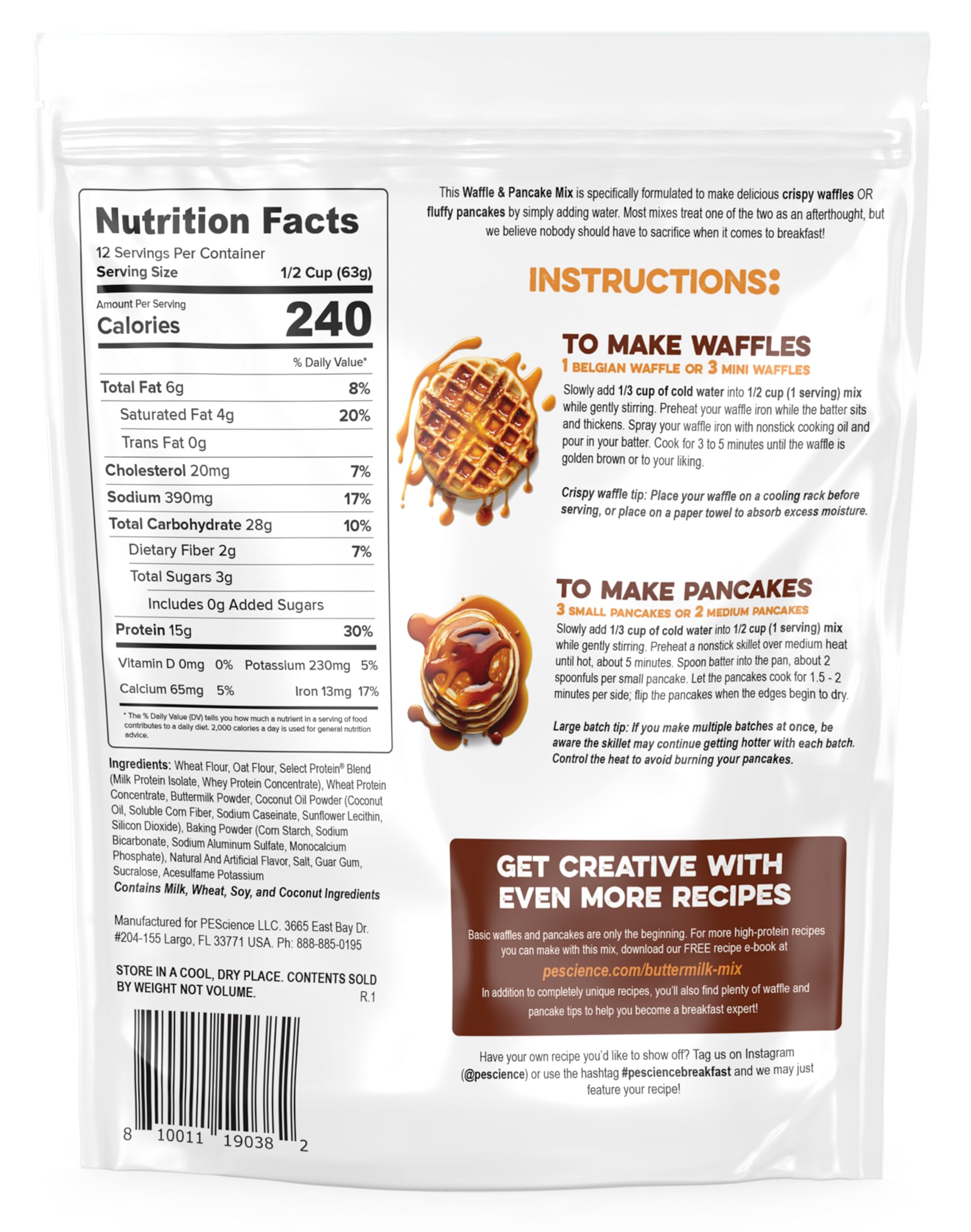 PEScience Buttermilk Protein Pancake & Waffle Mix, Just Add Water, 12 Servings