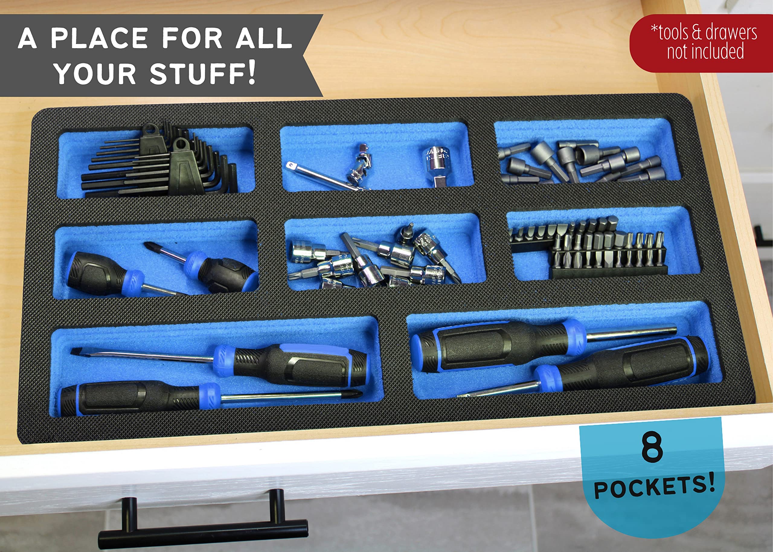 Polar Whale Tool Drawer Organizer Insert Blue and Black Durable Foam Strong Non-Slip Anti-Rattle Bin Holder Tray 20 x 10 Inches 8 Pockets Fits Craftsman Husky Kobalt Milwaukee and Many Others