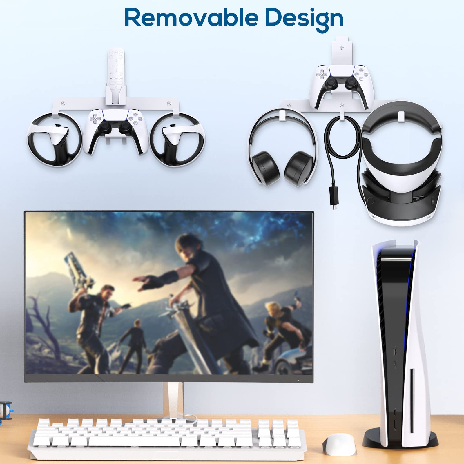Wall Mount Stand for PS5 VR2 Gaming Accessories, Sturdy Steel Wall Mount Bracket for PS VR2 Headset, Controllers, Remote and Cable, Game Organizer with Controller Holder and Headset Stand for PSVR2